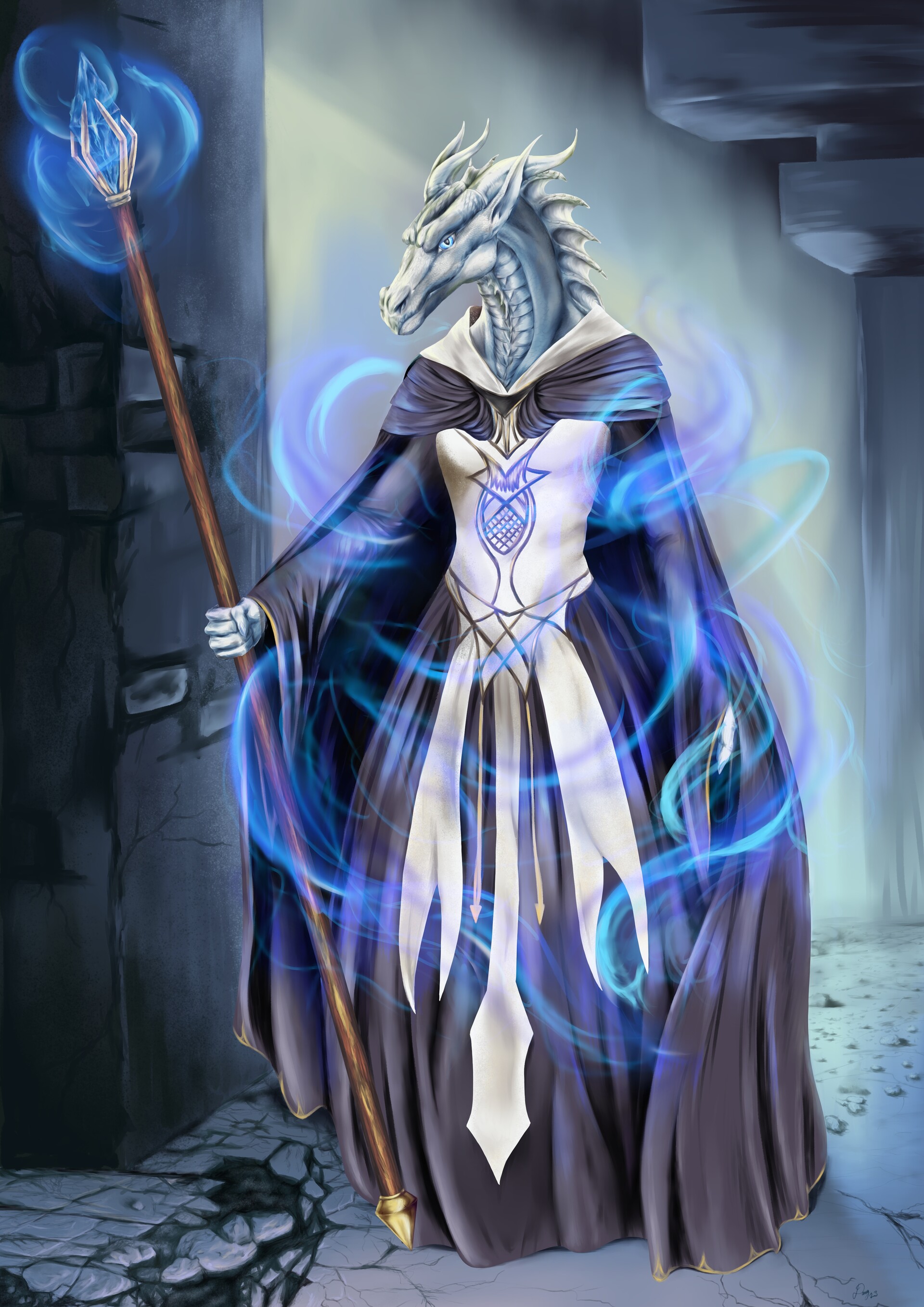 dnd silver dragonborn wizard