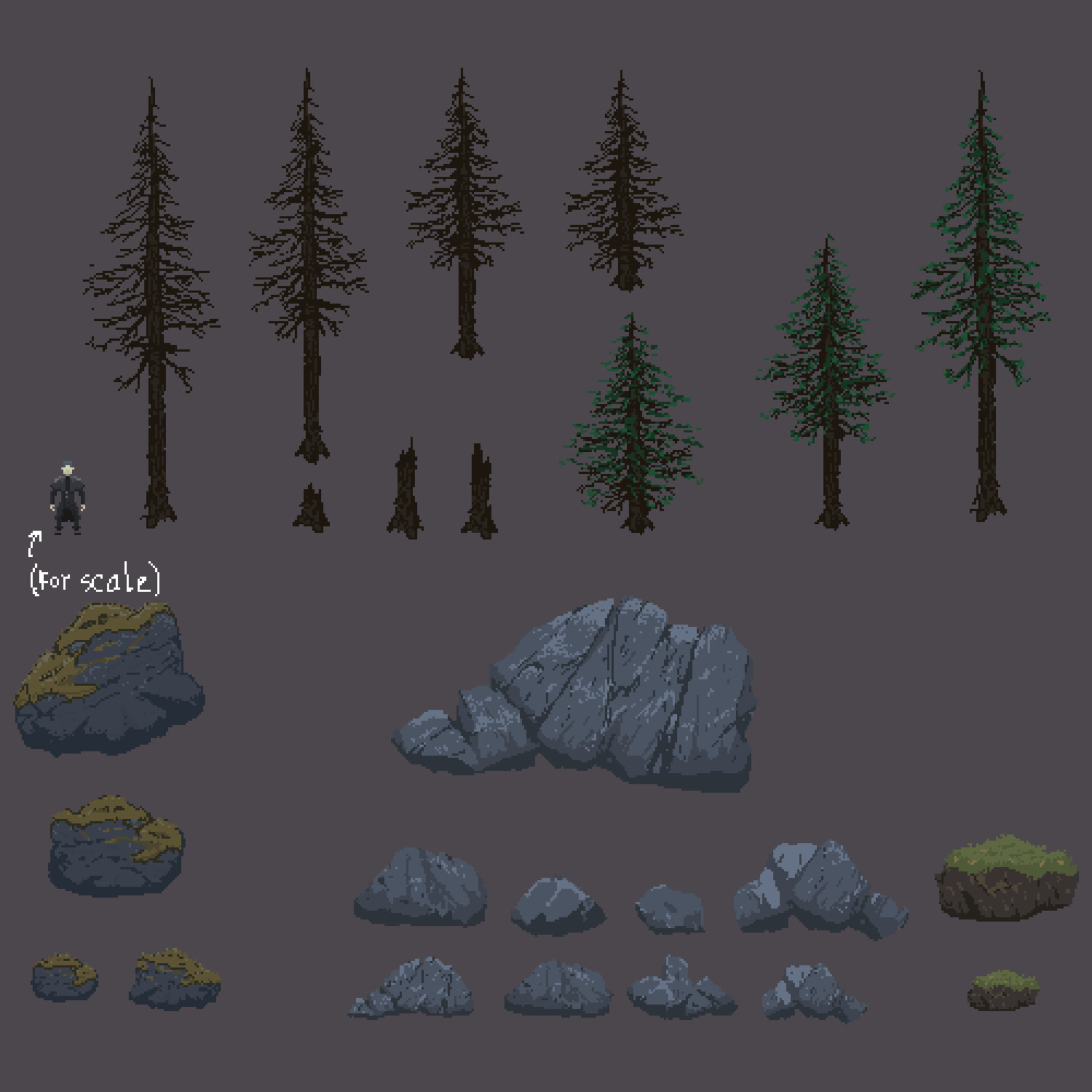 ArtStation - Pixel Art Game sprites of Trees and Rocks