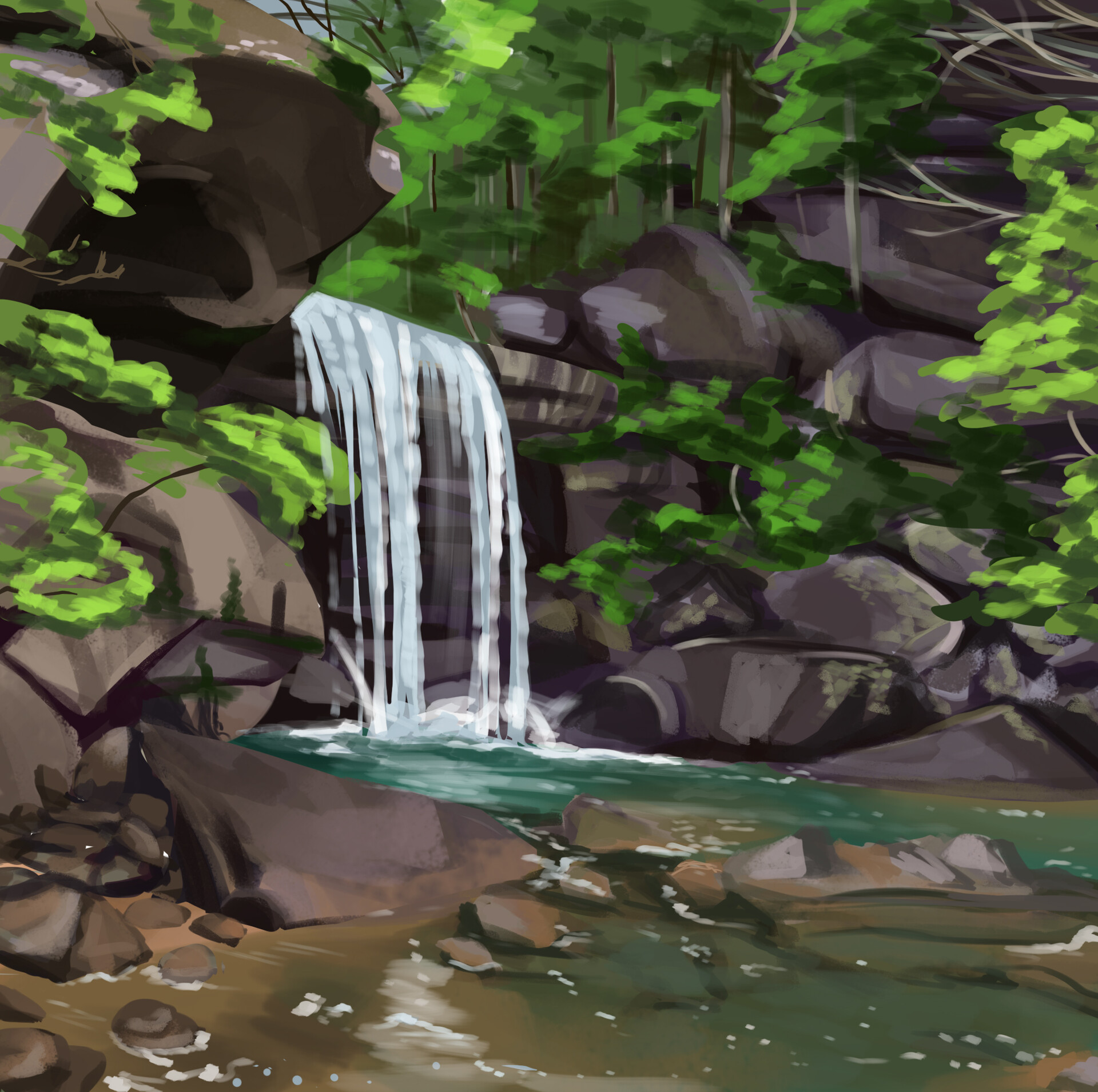 ArtStation - Waterfall in forest
