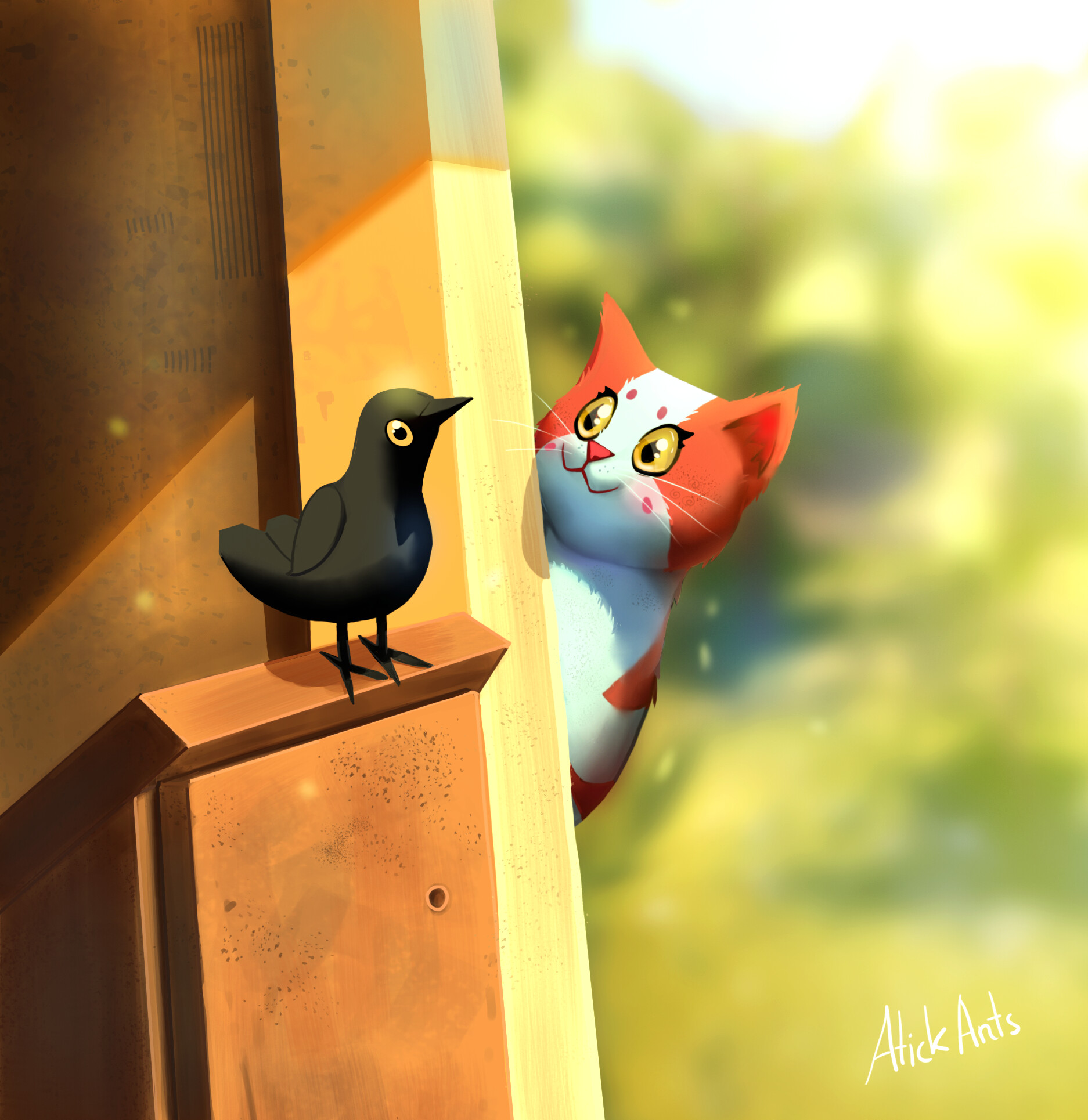 ArtStation - Cat staring at crow