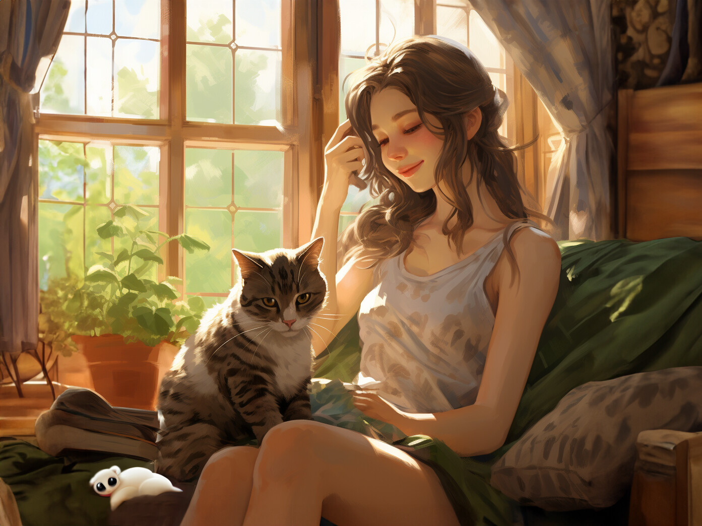 ArtStation - Cartoon girl warms herself with a cat on a sunny morning
