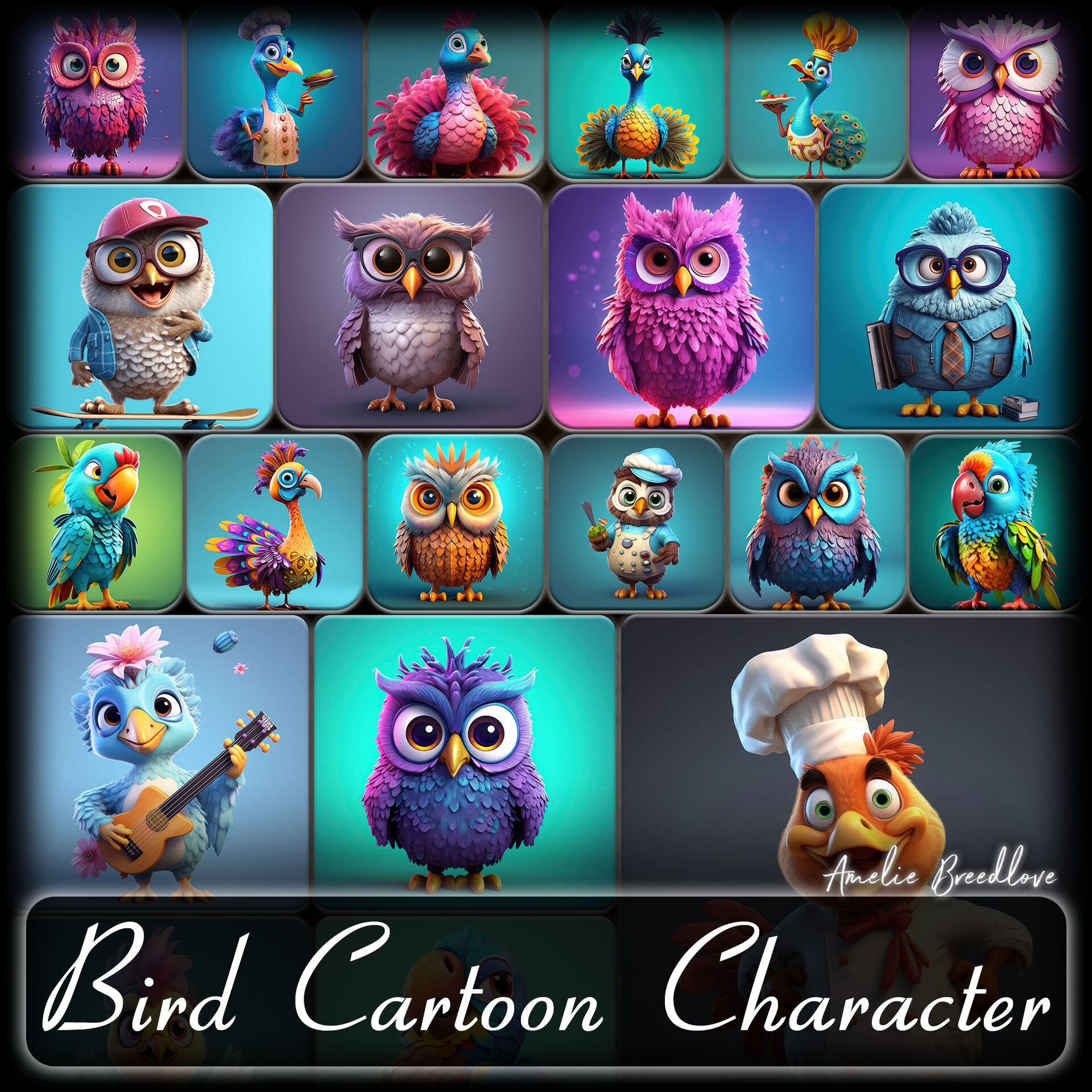 Amelie Anime - 200 Bird Cartoon Character (Full Body) Reference Pack ...