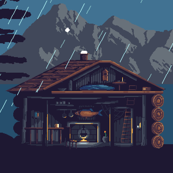ArtStation - Cabin in the rain pixel art animation