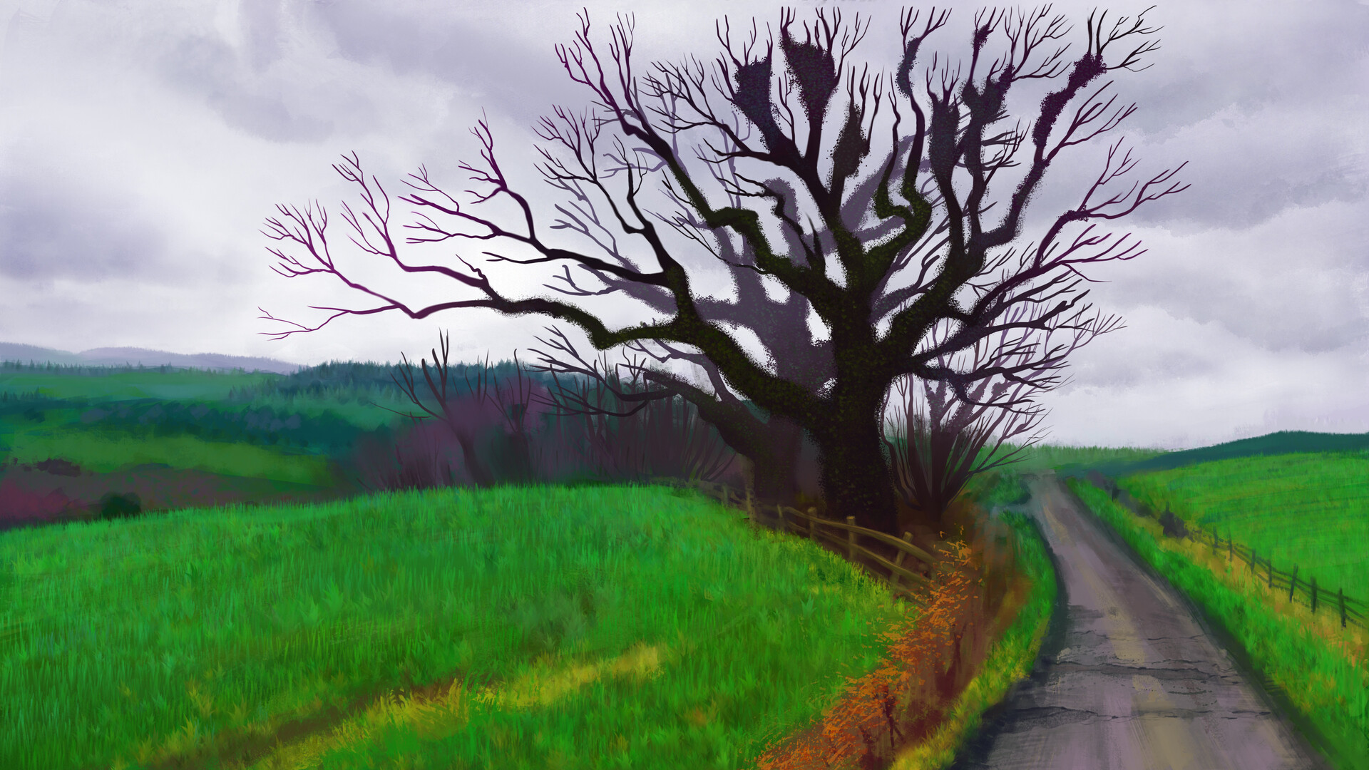 ArtStation - rural landscape with old trees and broken road