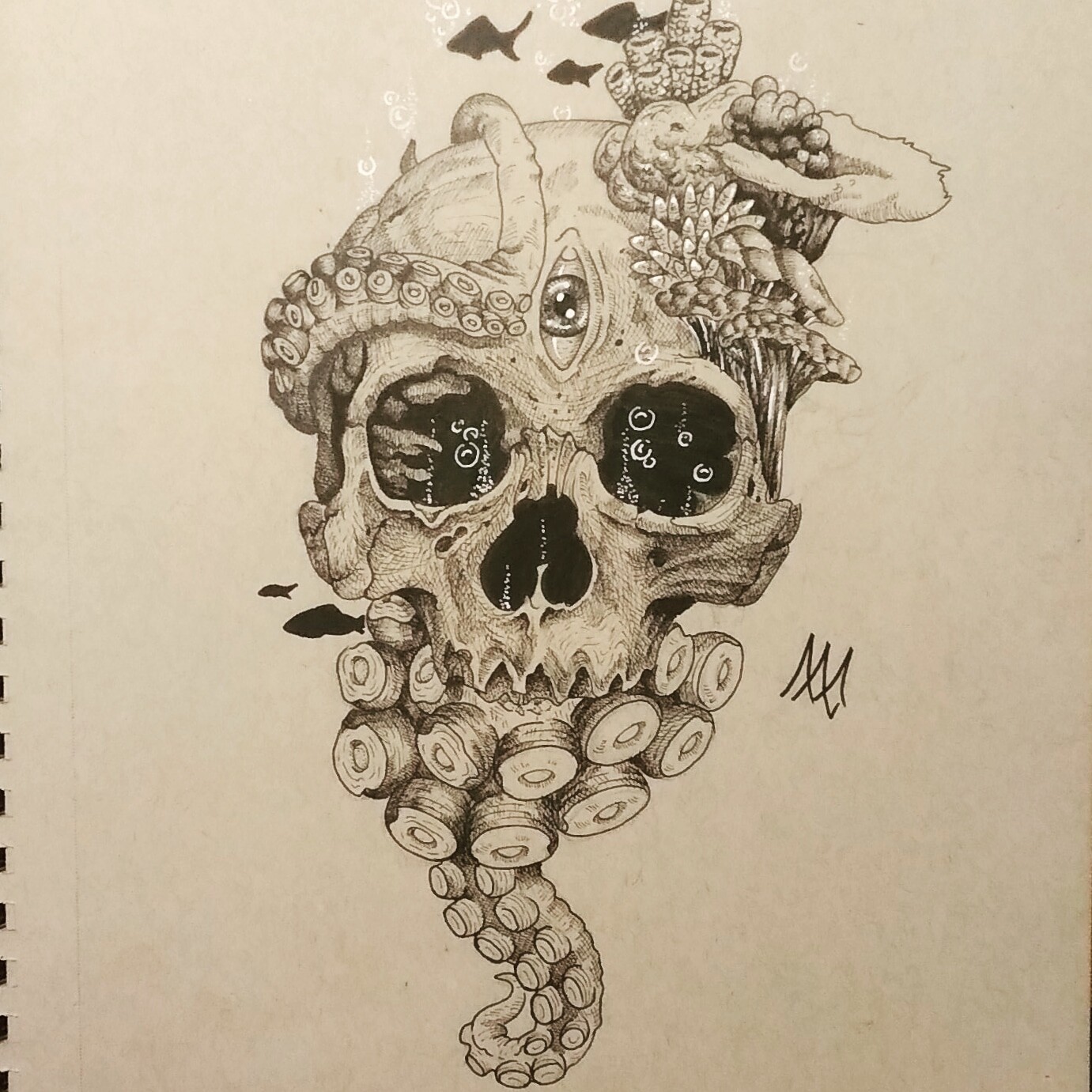 ArtStation - Octopus and Human Skull in Paper Sketch