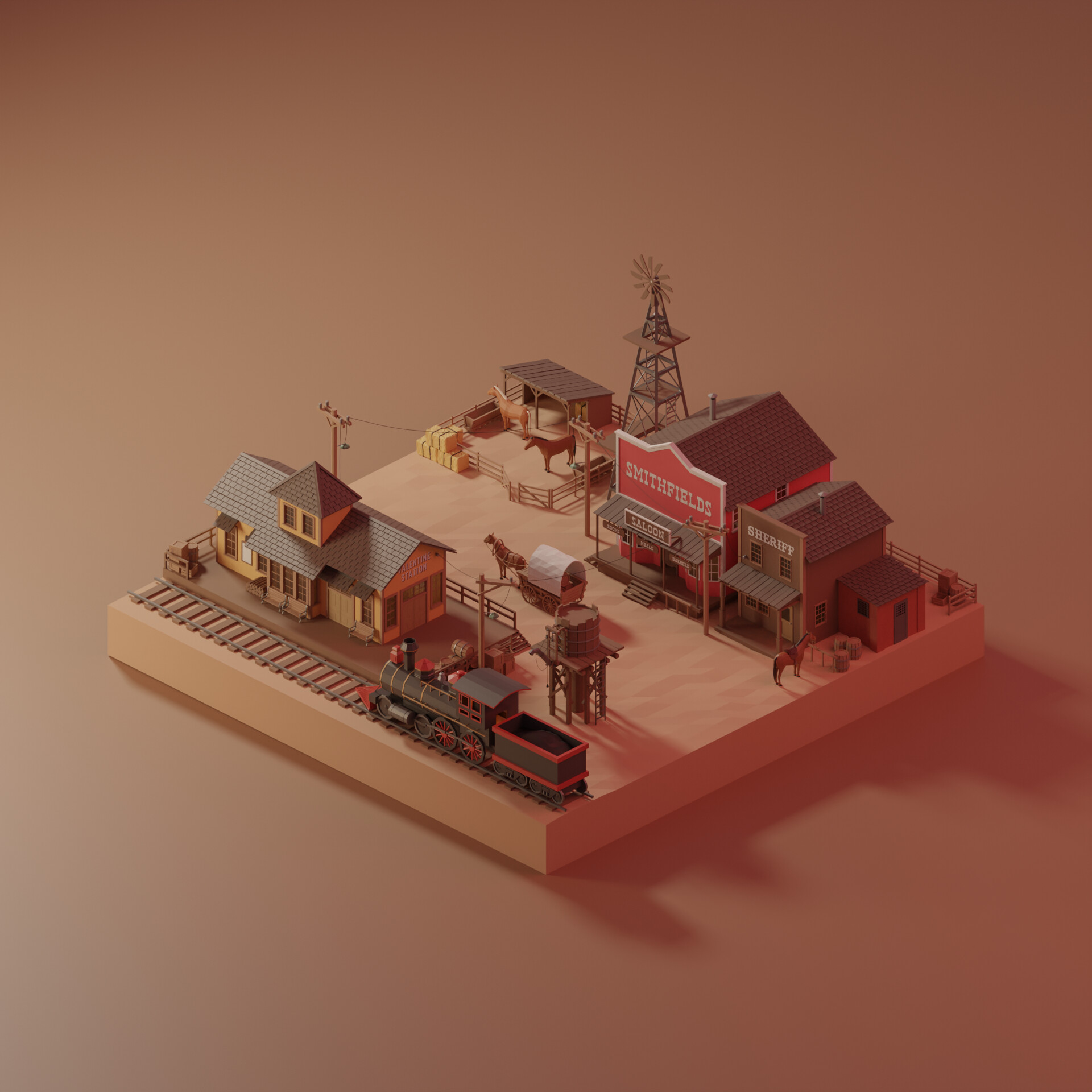 ArtStation - Rural Westernscape: stylized low poly diorama with a horse ...