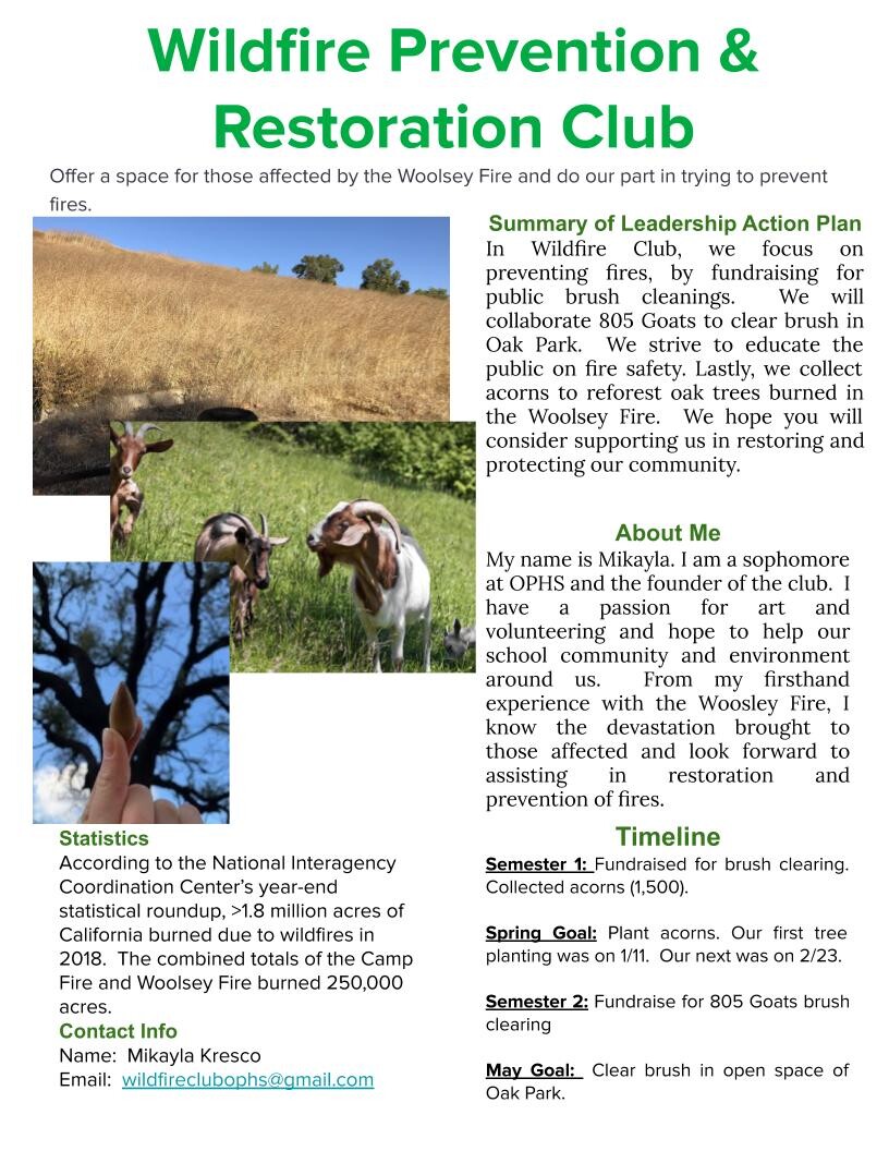 Mikayla Kresco - Graphic Design/Flyers for Wildfire Prevention Club (OPHS)