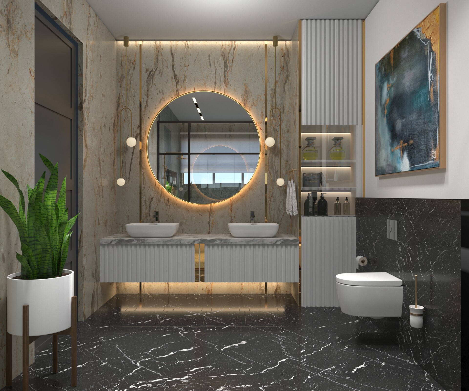 ArtStation - Modern Bathroom Render :Black Marble Elegance with Gilded ...