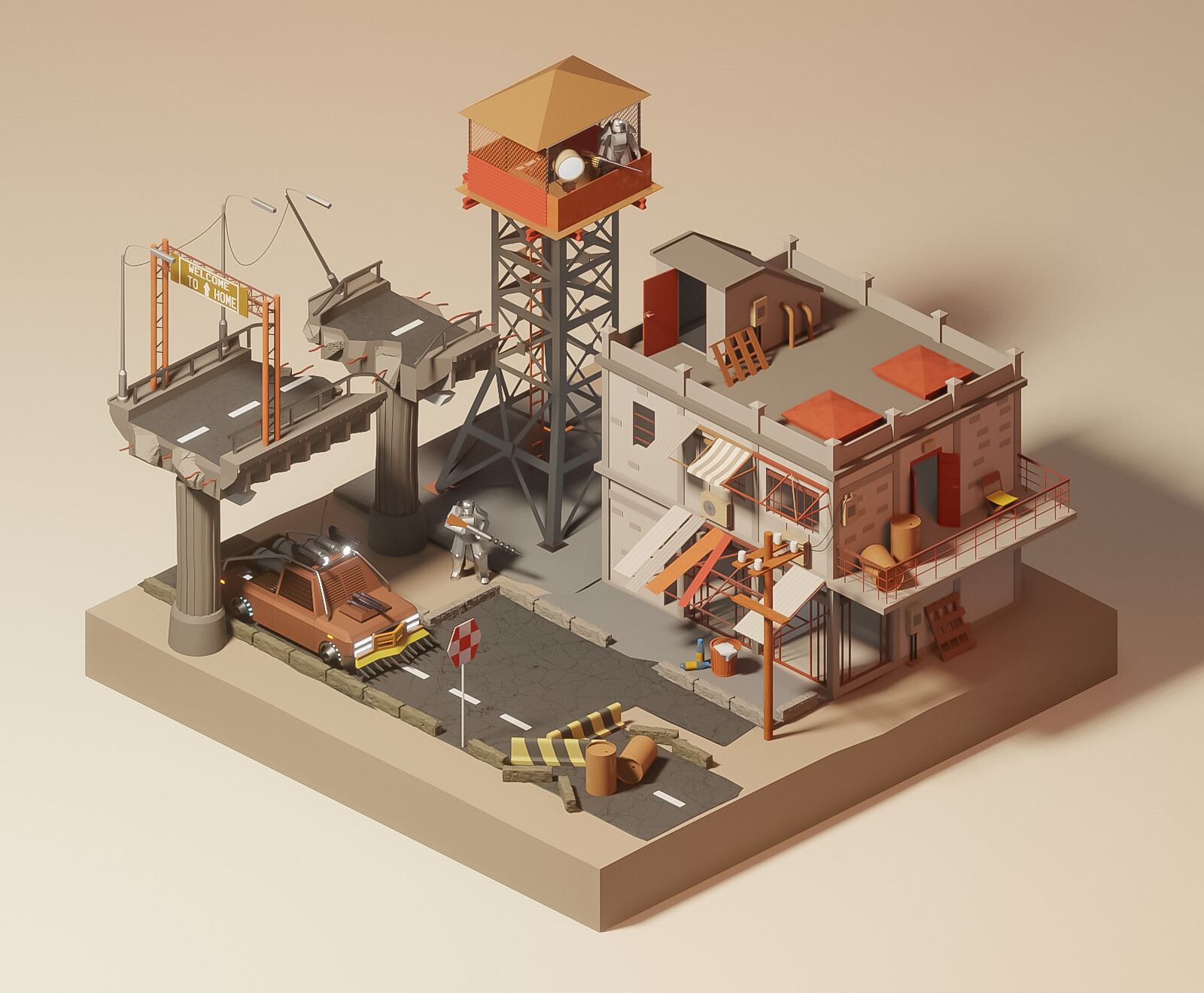 ArtStation - Fallout-Inspired Apocalyptic City: Stylized Low Poly Diorama