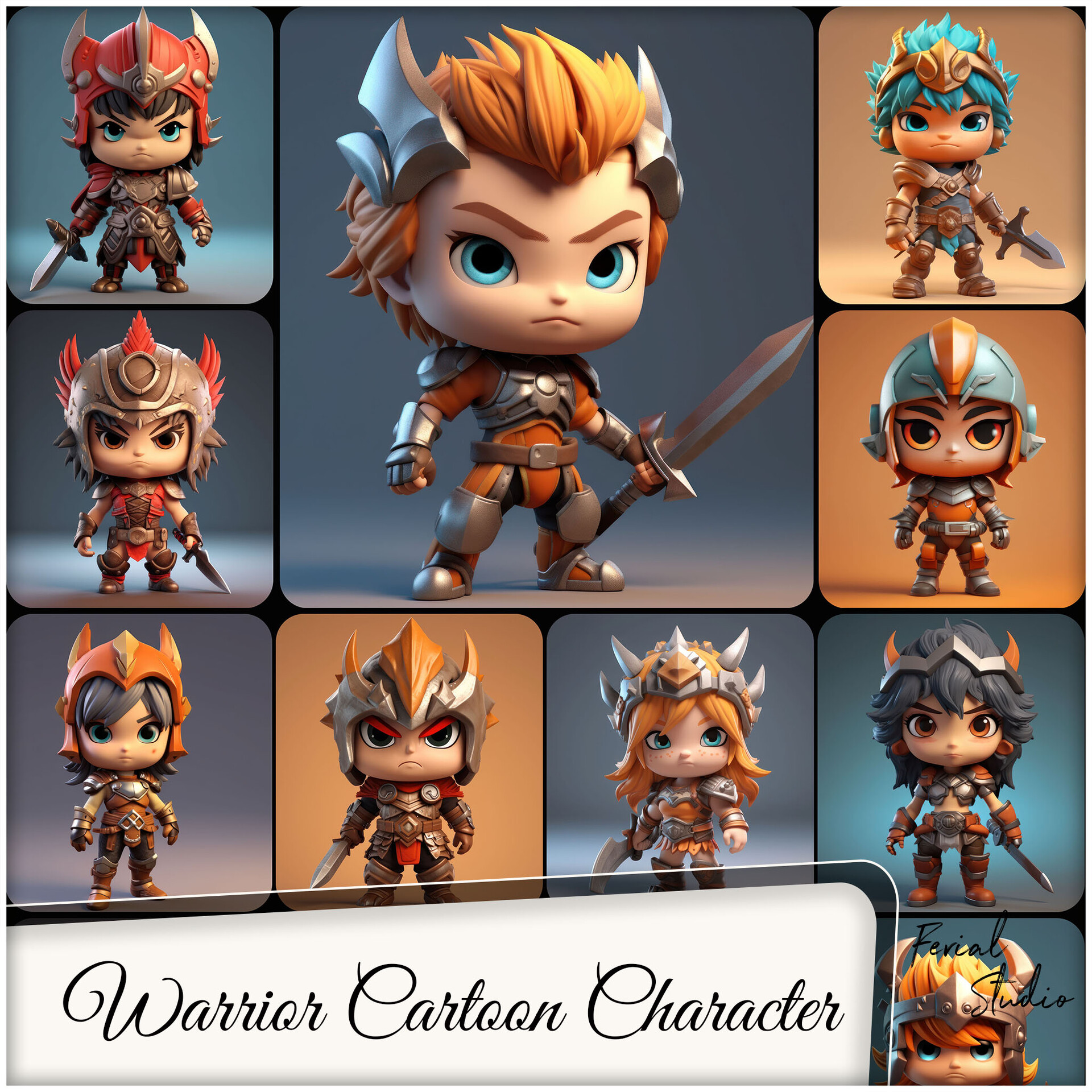 Ferial Studio - 🔹200 Warrior Cartoon Character Reference Image Pack v.3