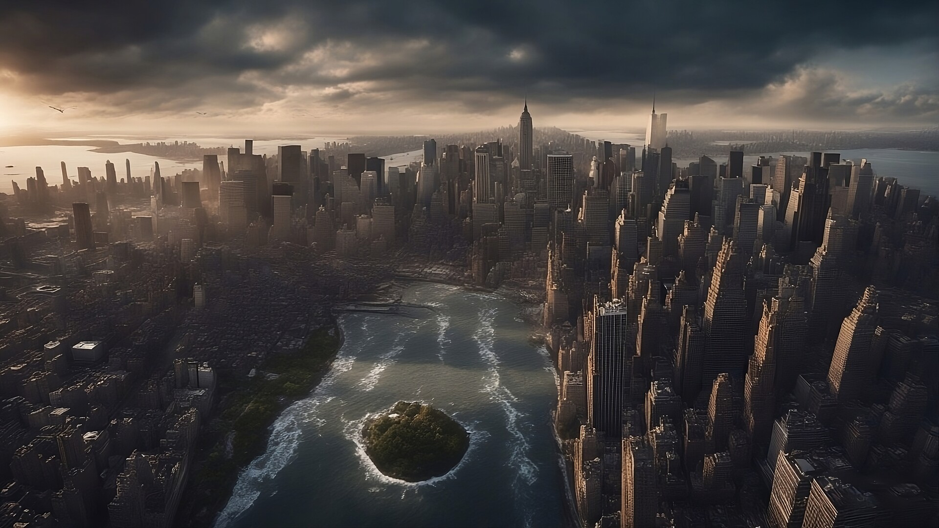 ArtStation - large city metropolis built over a river at sunset