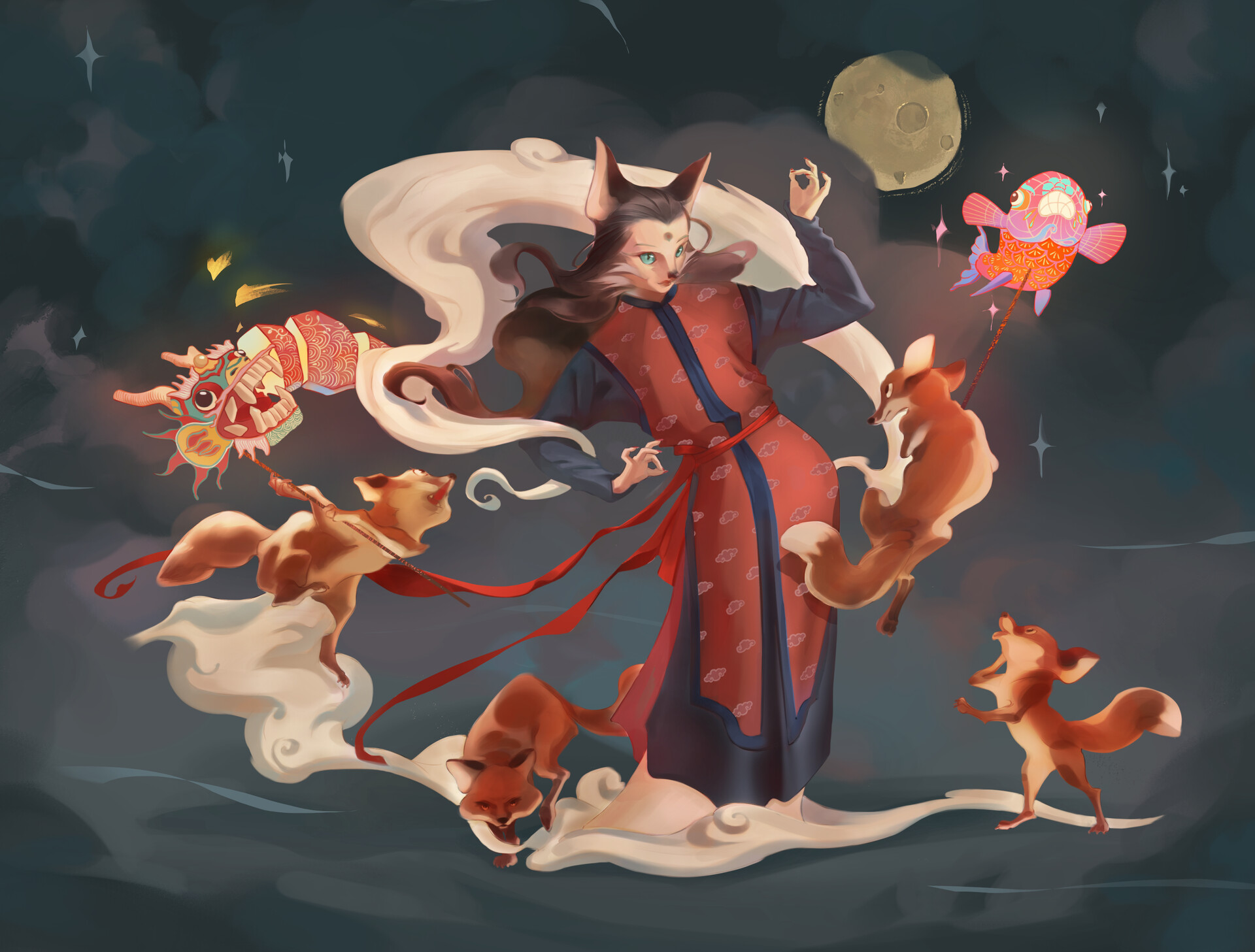 ArtStation - Fox Deity wandering in Mid-Autumn Festival night