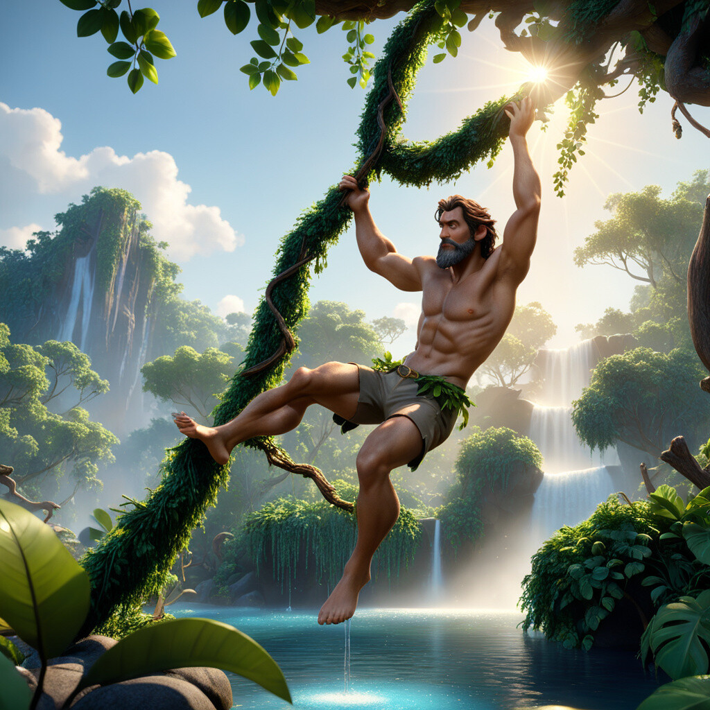 ArtStation - Tarzan swinging on vines in a lush green forest