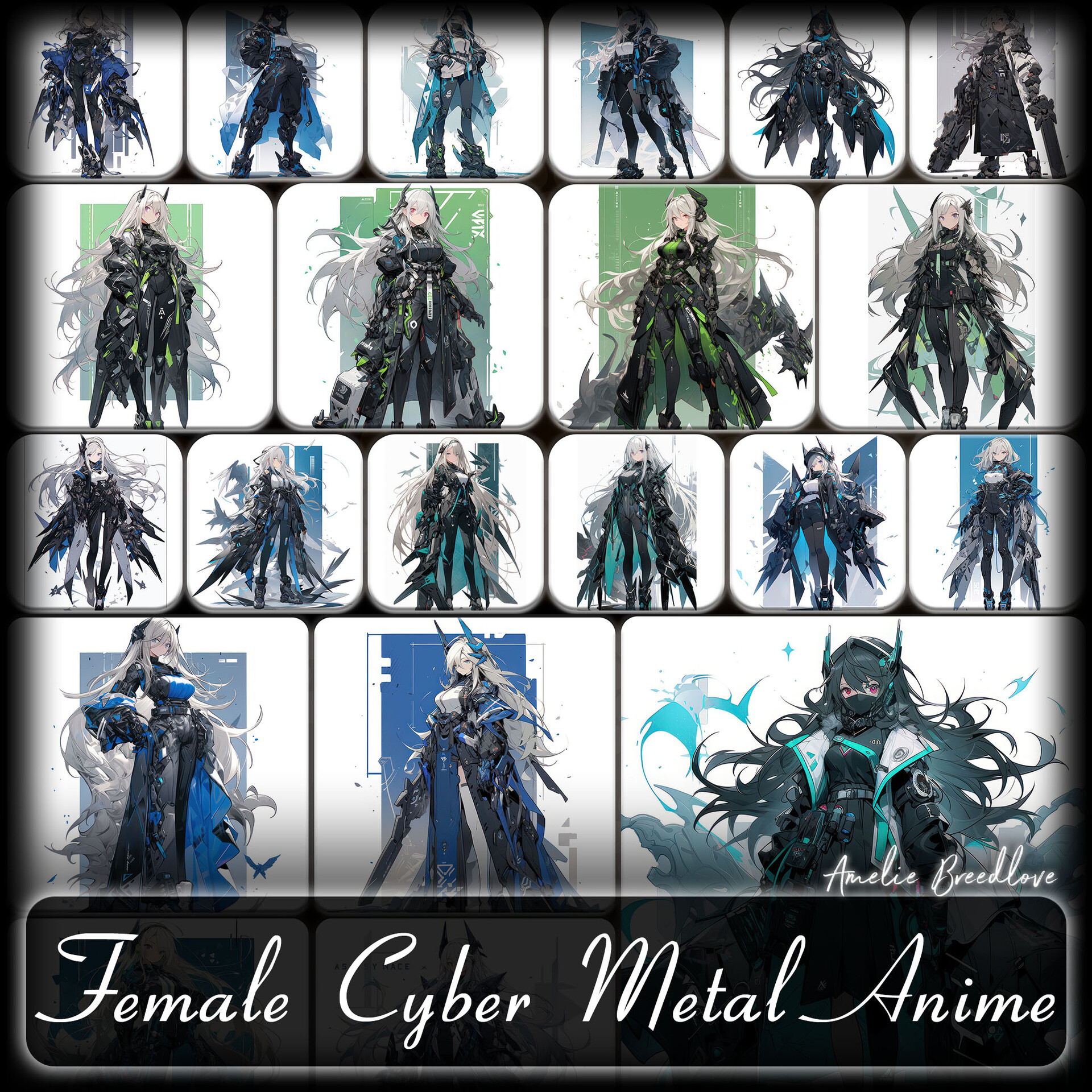 Amelie Anime - 200 Female Cyber Metal Anime (Full Body) Reference Pack ...