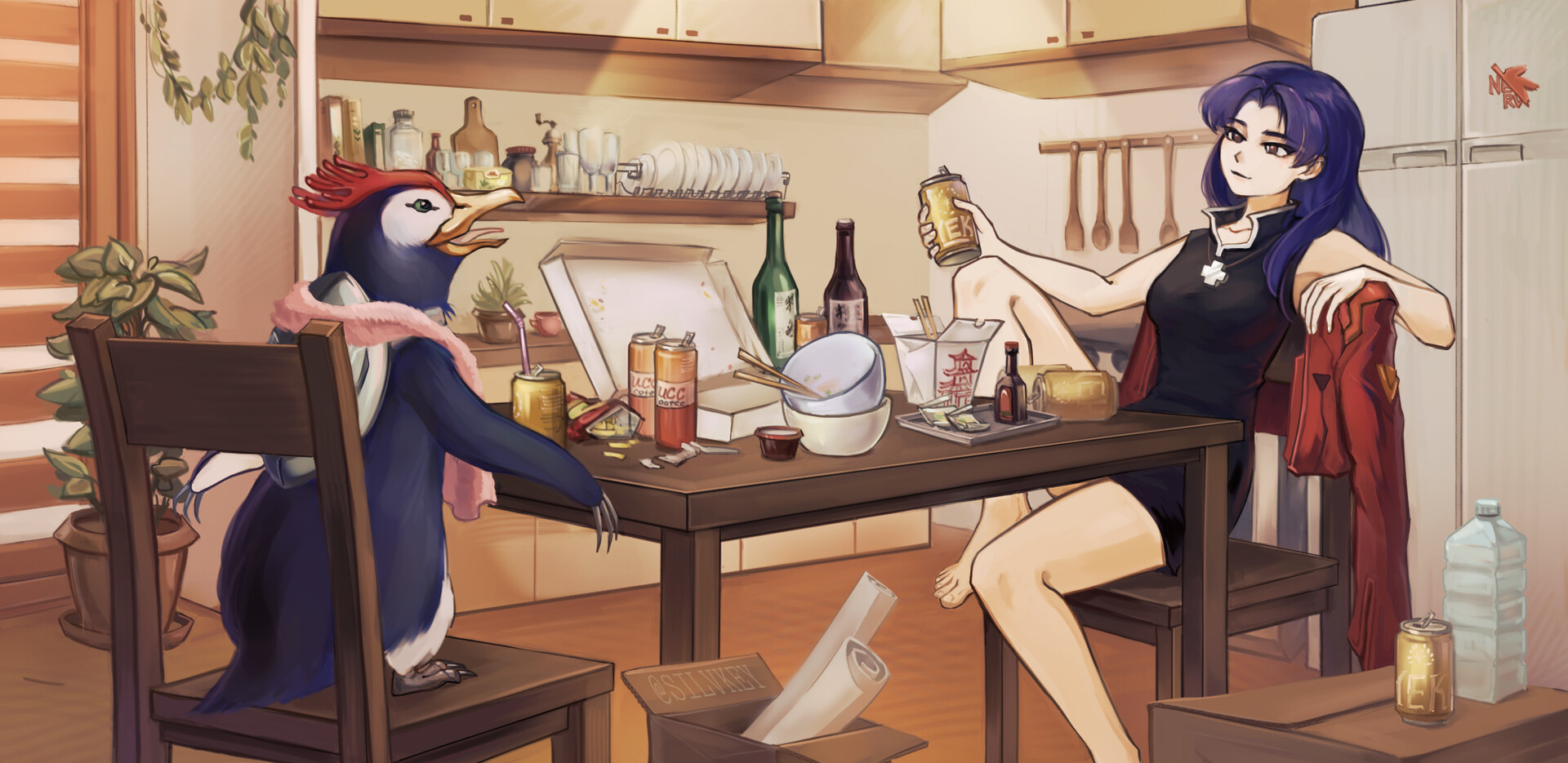 ArtStation - Misato and Pen Pen in the kitchen