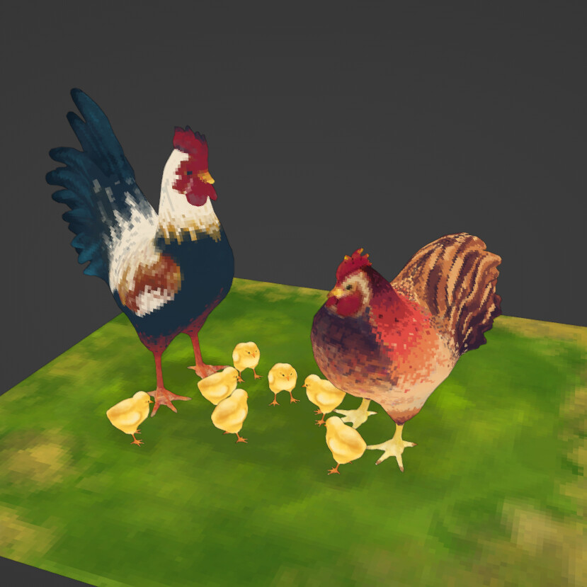 ArtStation - Hen & Rooster [Low poly & pixel hand painting]