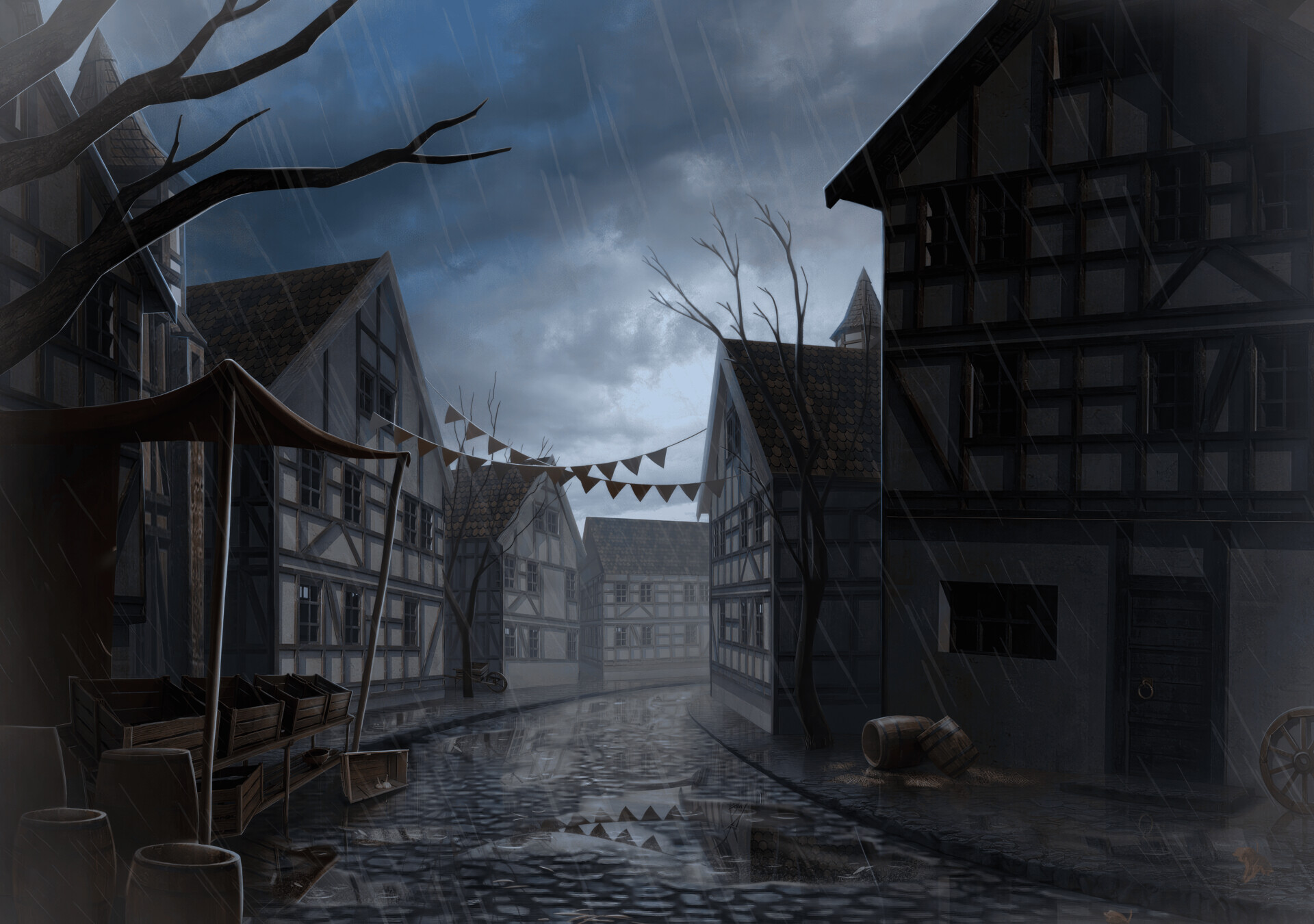 ArtStation - Small town (rain)