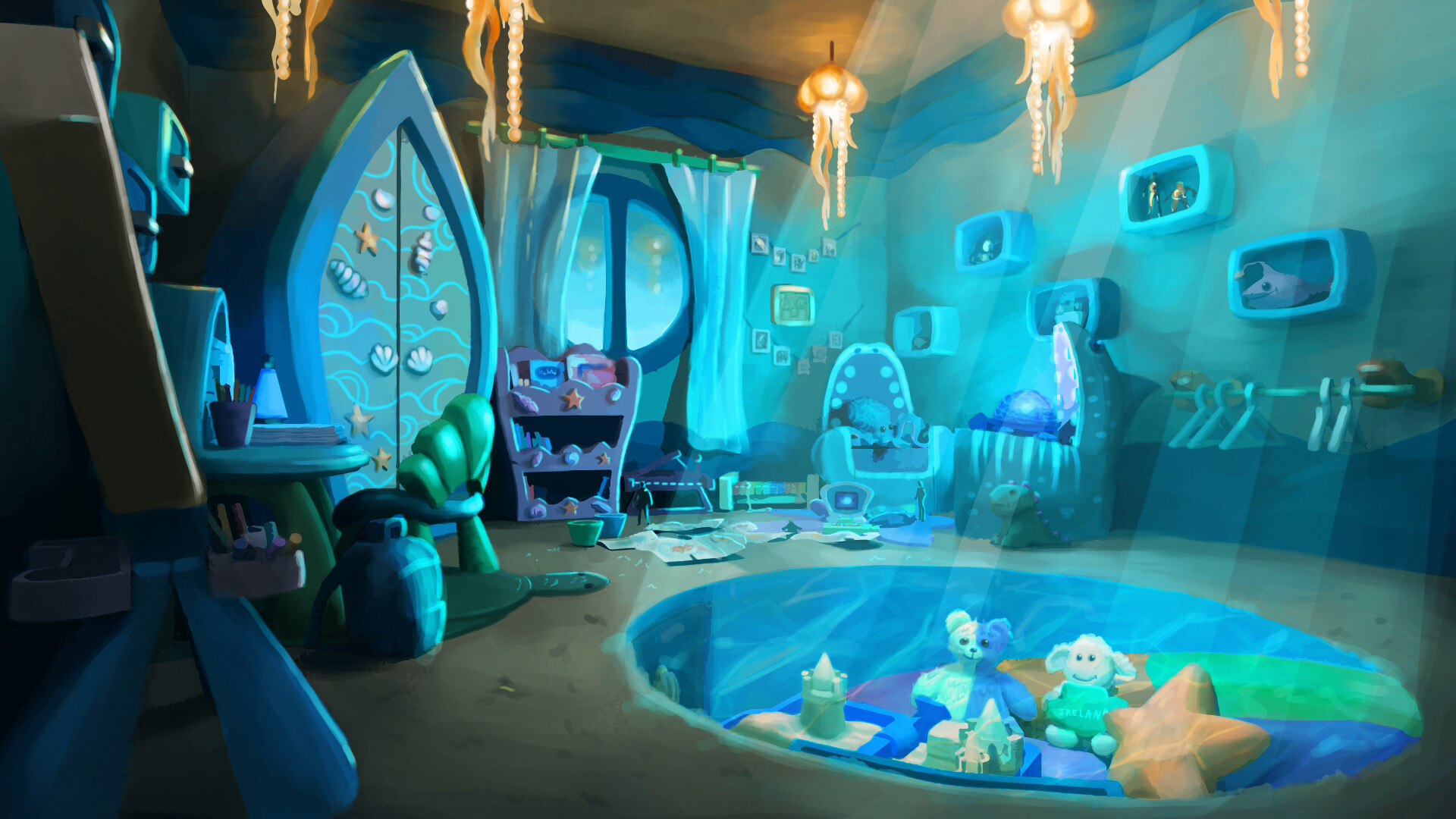 ArtStation - [2D]A Child's Gaze: In Shallow Waters Bedroom Concept (WIP)