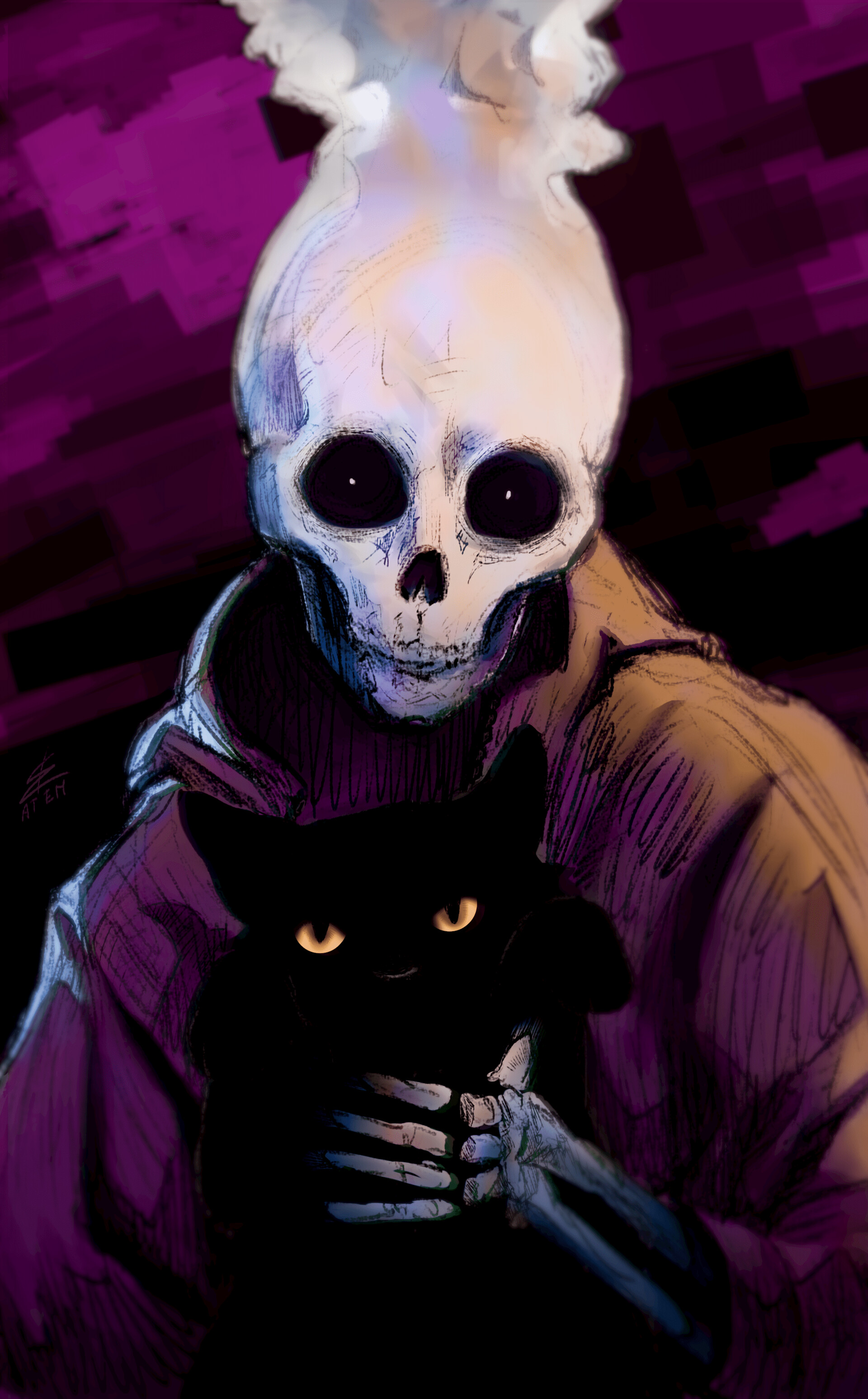 ArtStation - Skeleton with cat // colored sketch (digital)