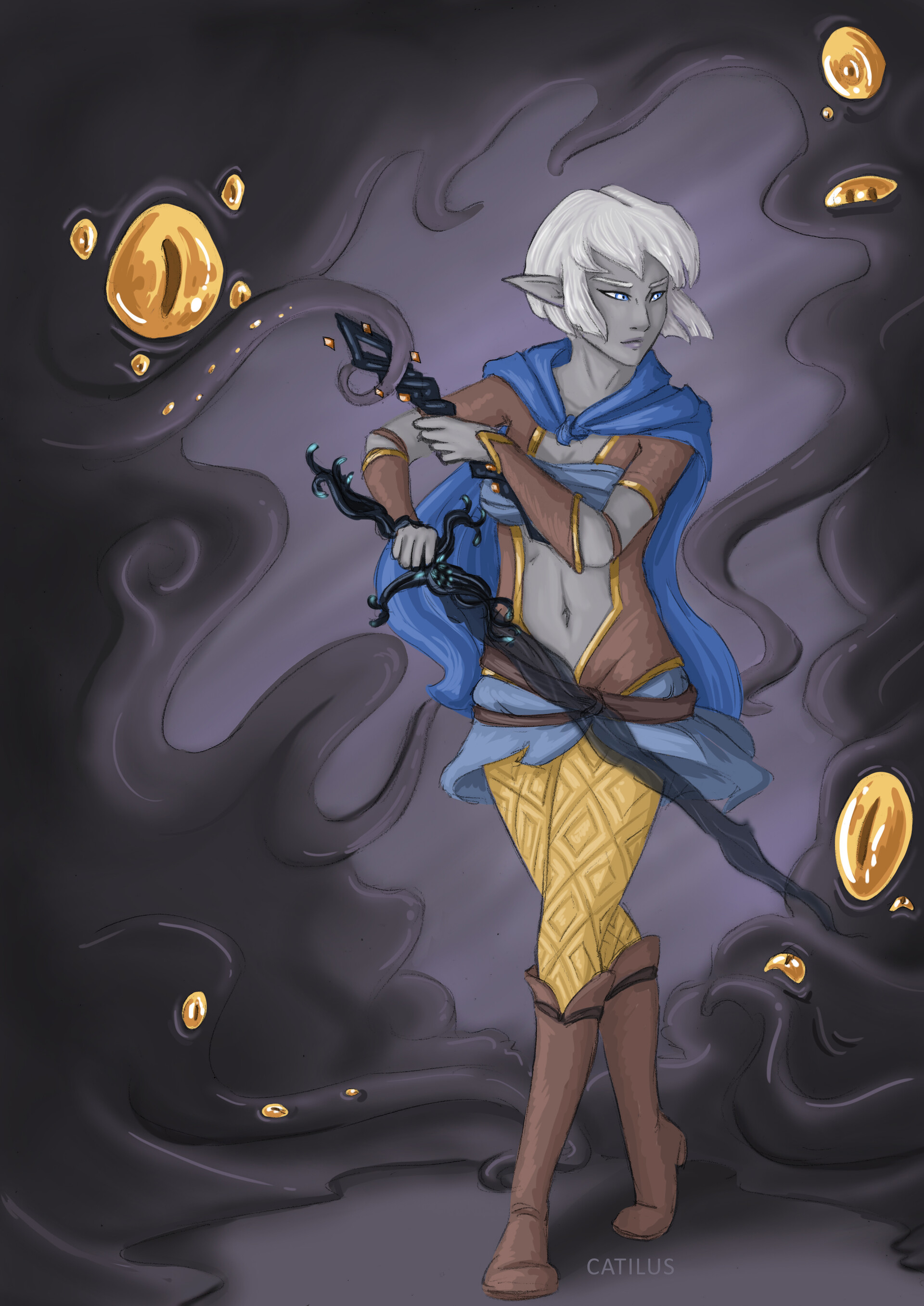 ArtStation - Vix, Half-Dark Elf Warlock and Sorceress, Wielding a Void Blade and the Rod of Patience