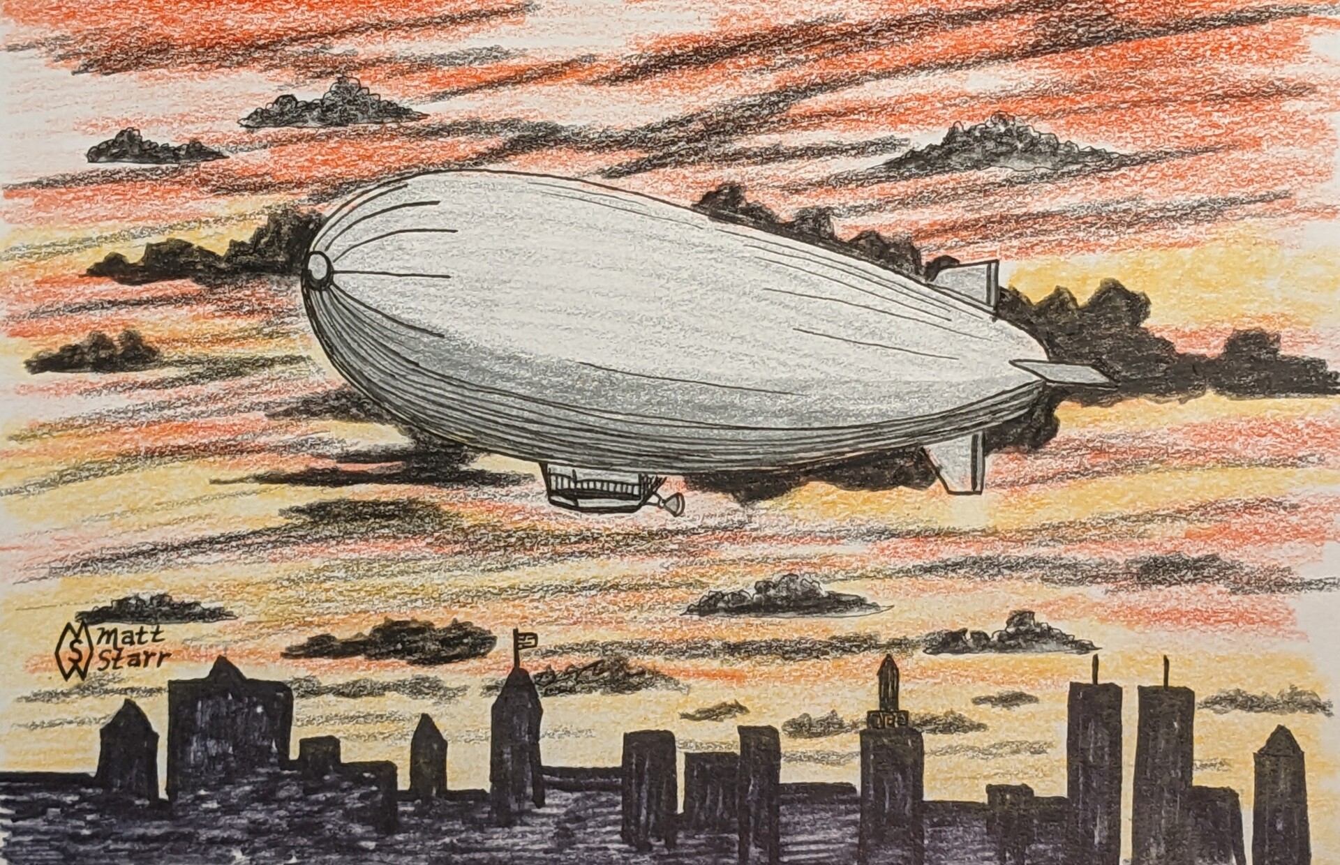 ArtStation - Zeppelin airship flying over the city at sunset