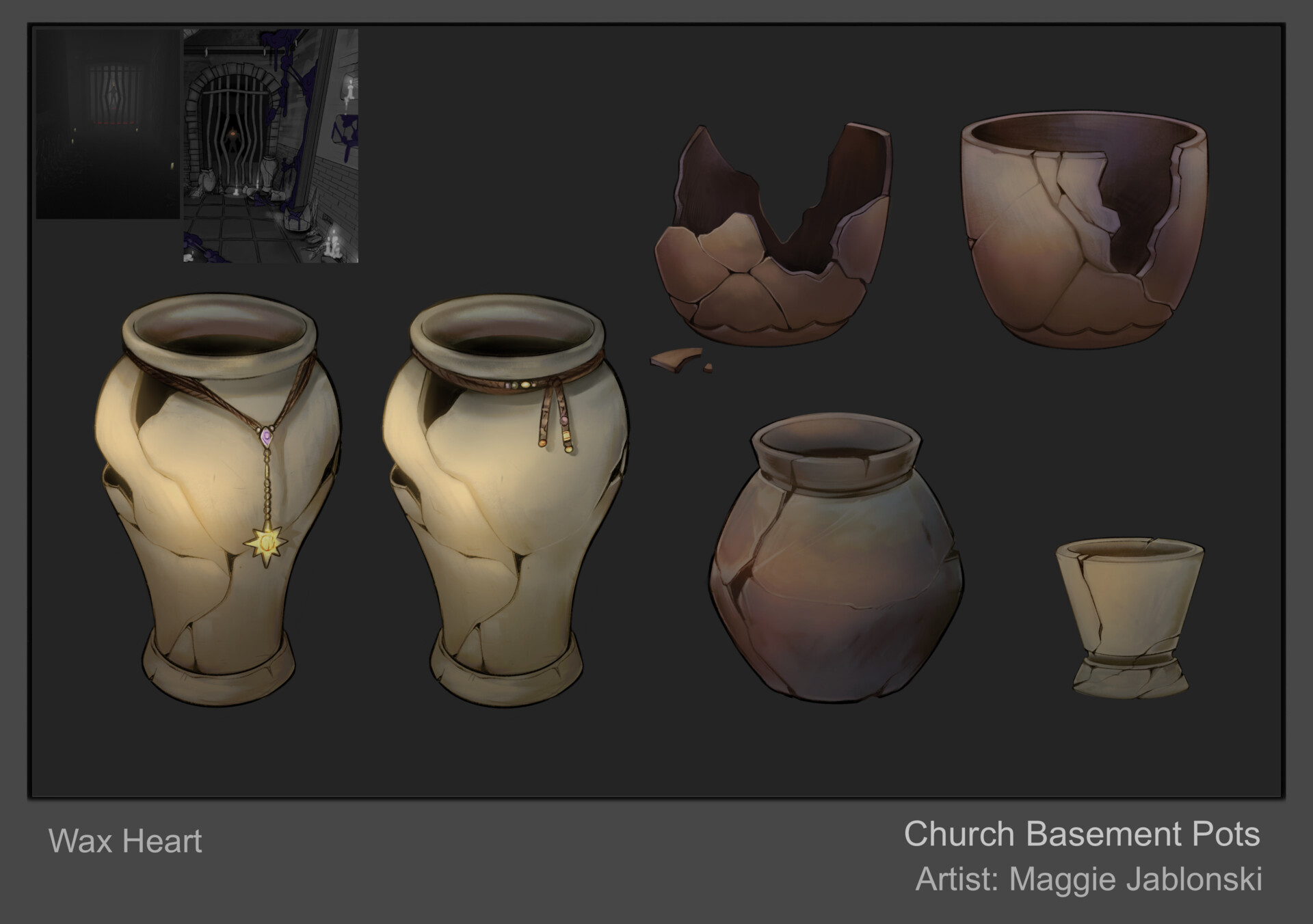 ArtStation - WaxHeart Game Contributions: Church Basement Pots - Concept Callouts