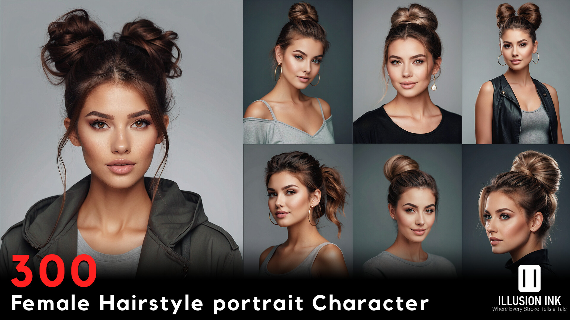 ILLUSION INK - 300 Female Hairstyle Portrait Character References | 8K