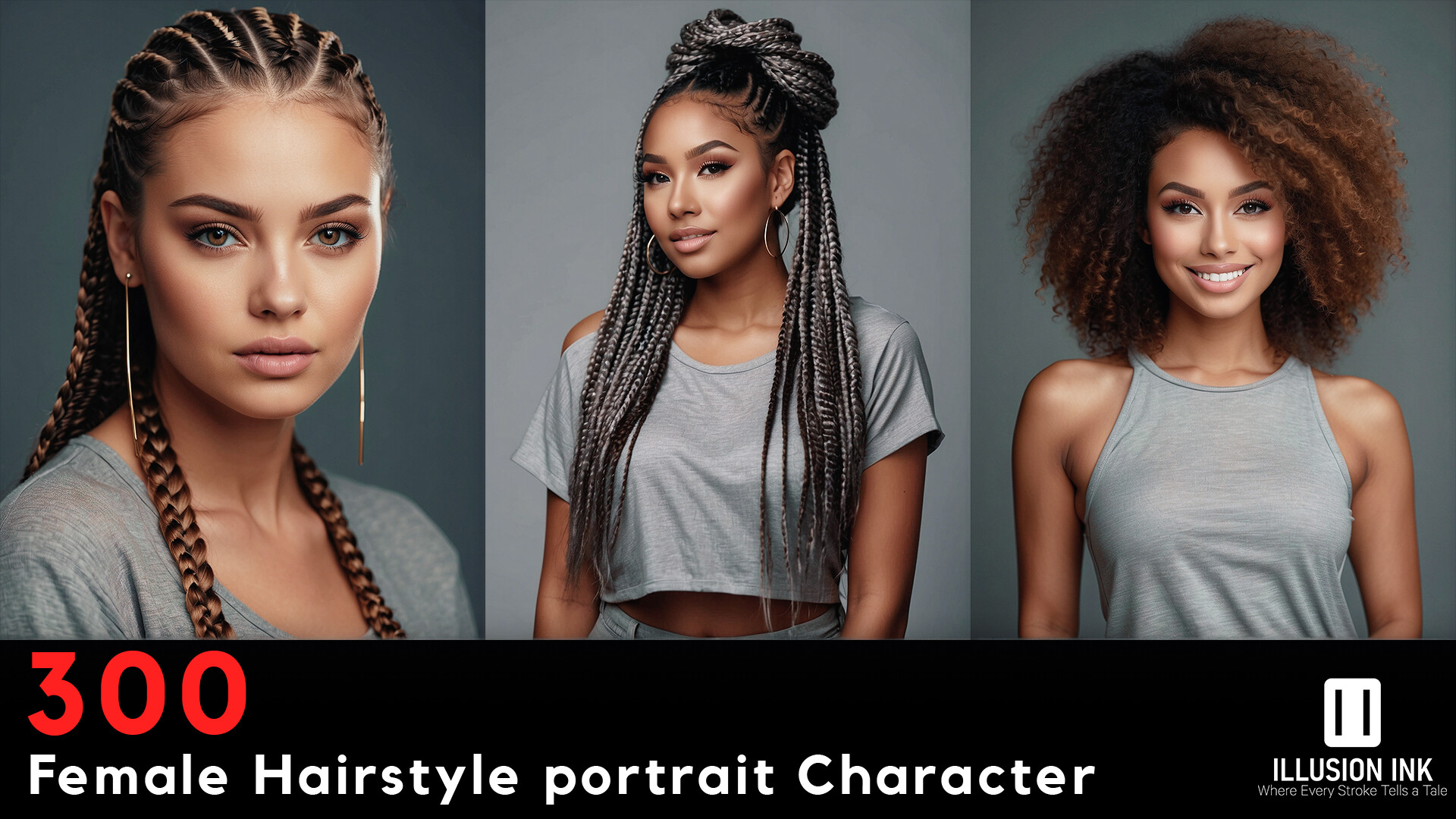 ILLUSION INK - 300 Female Hairstyle Portrait Character References | 8K