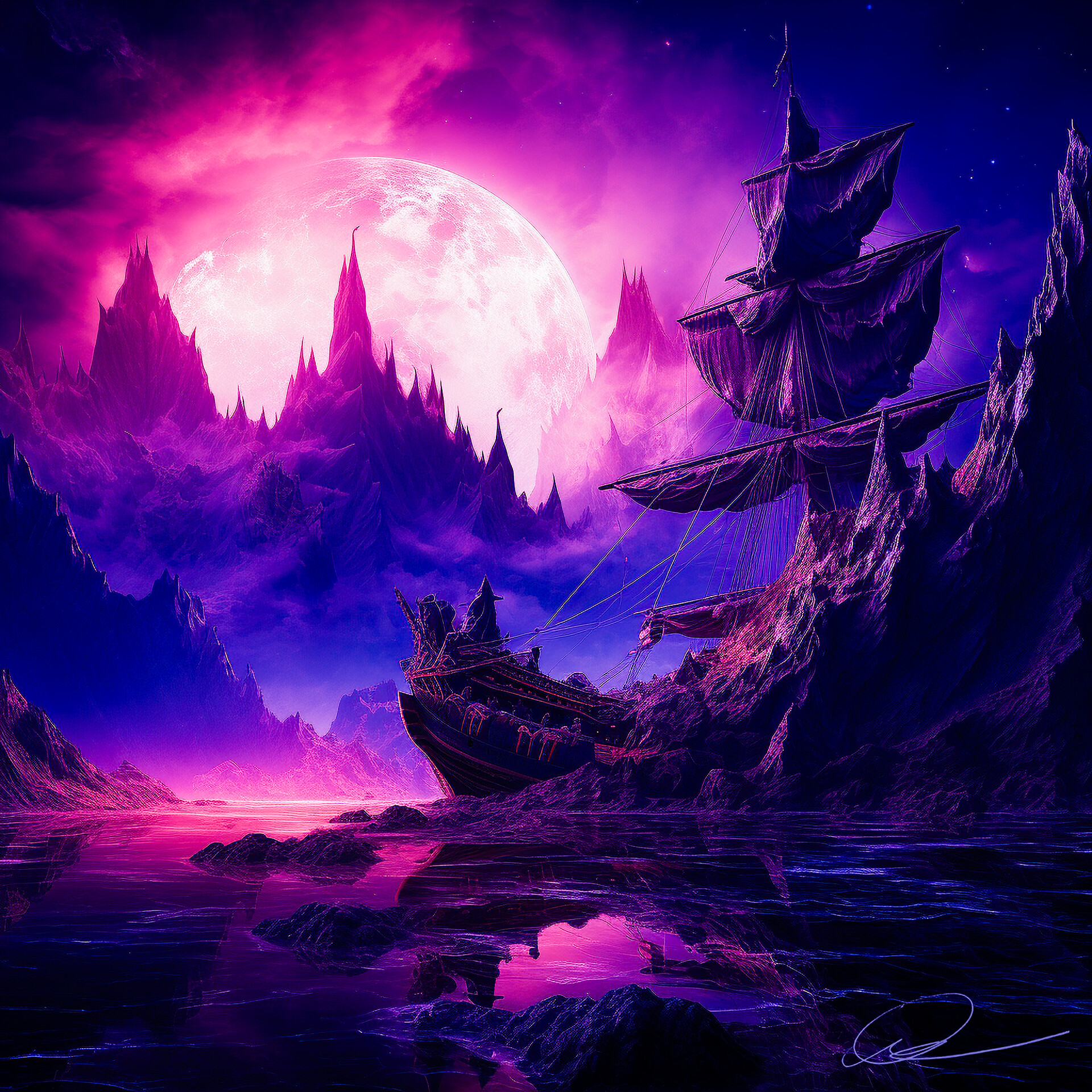 ArtStation - ship and moon