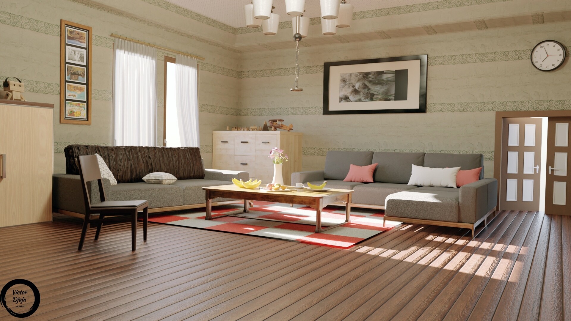 ArtStation - Interior design of the living room with red and white ...