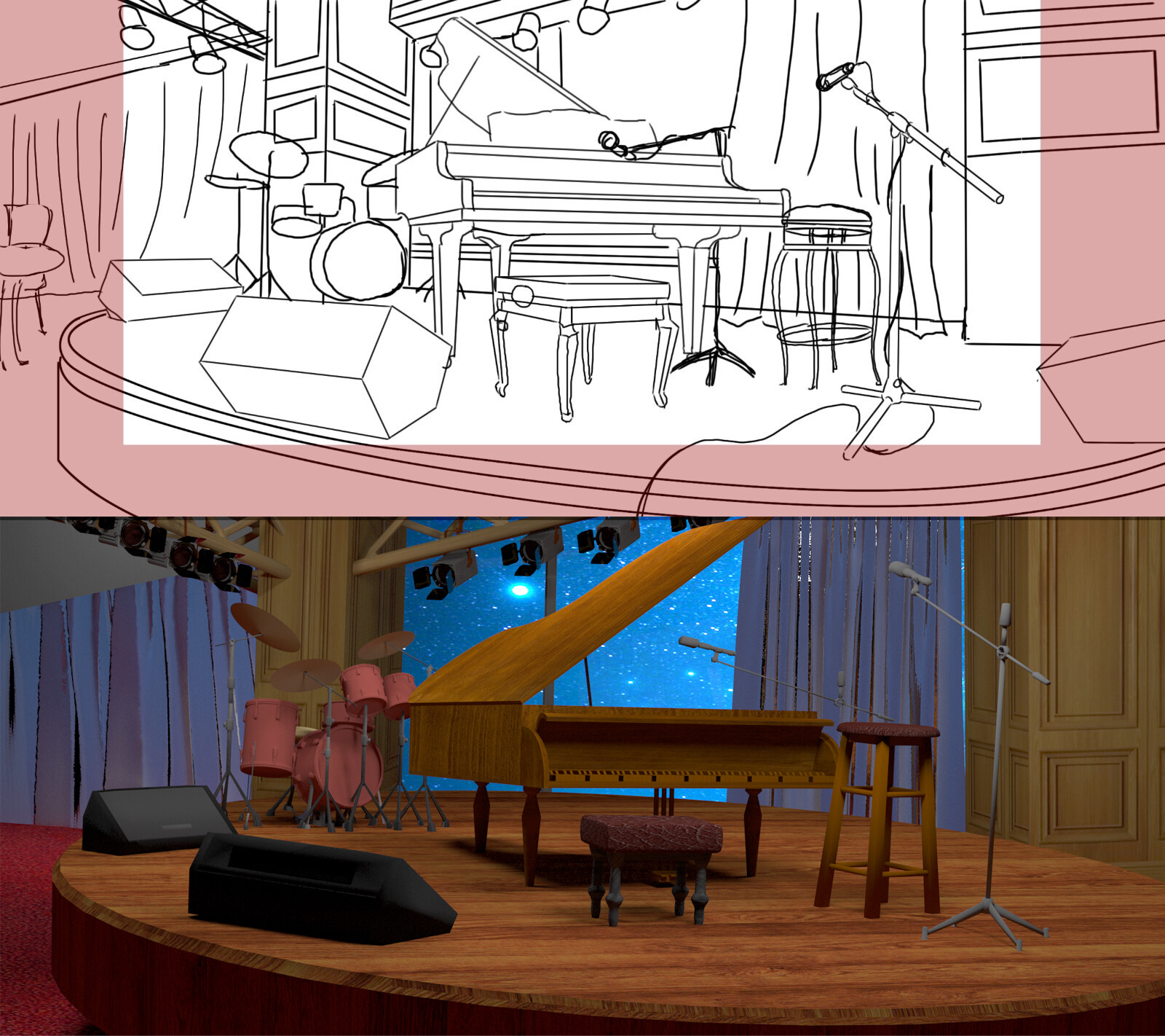 ArtStation - Stage room - sketch and 3D rendering