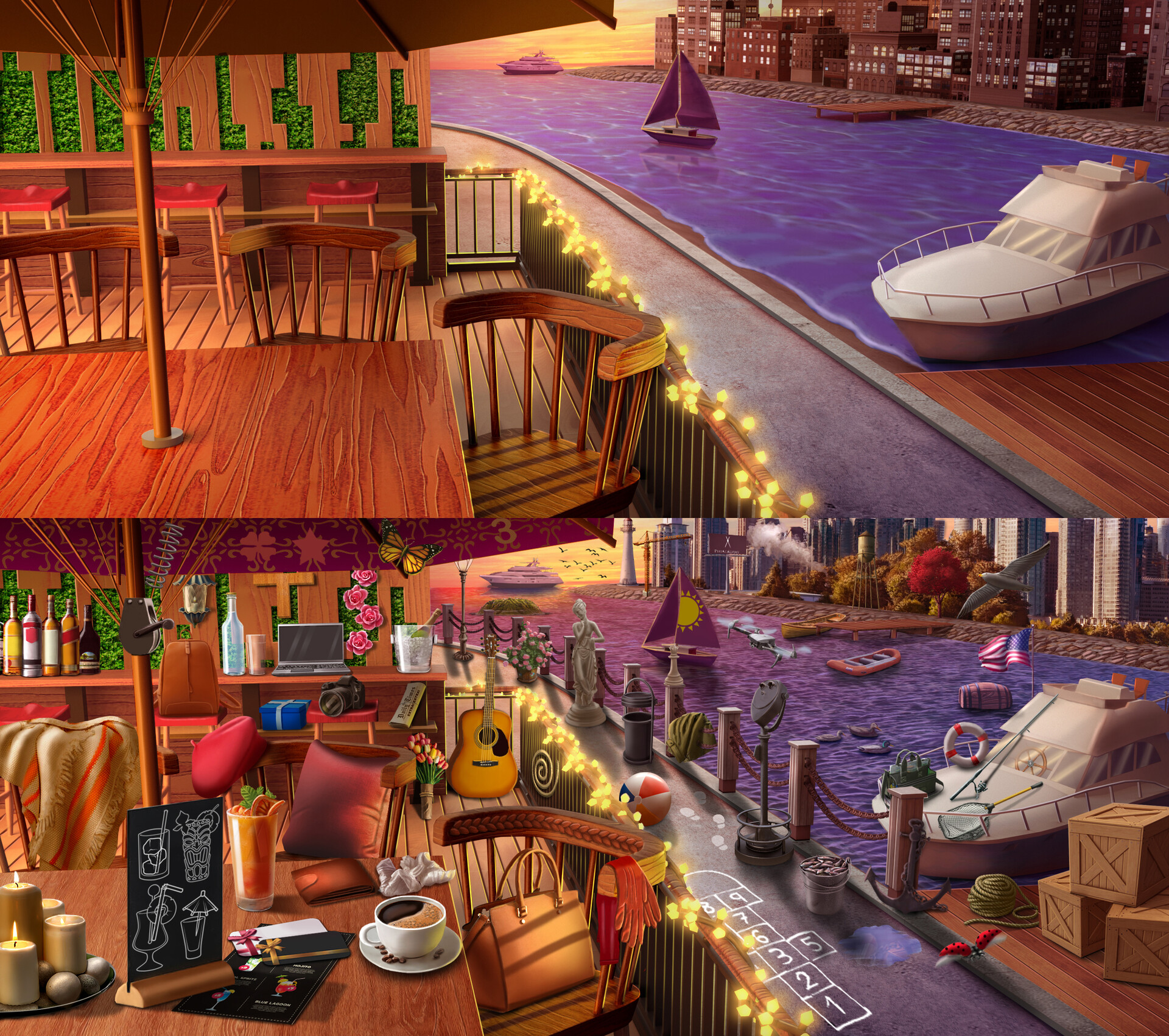 ArtStation - Pier cafe - environment rendering and item placement/rendering