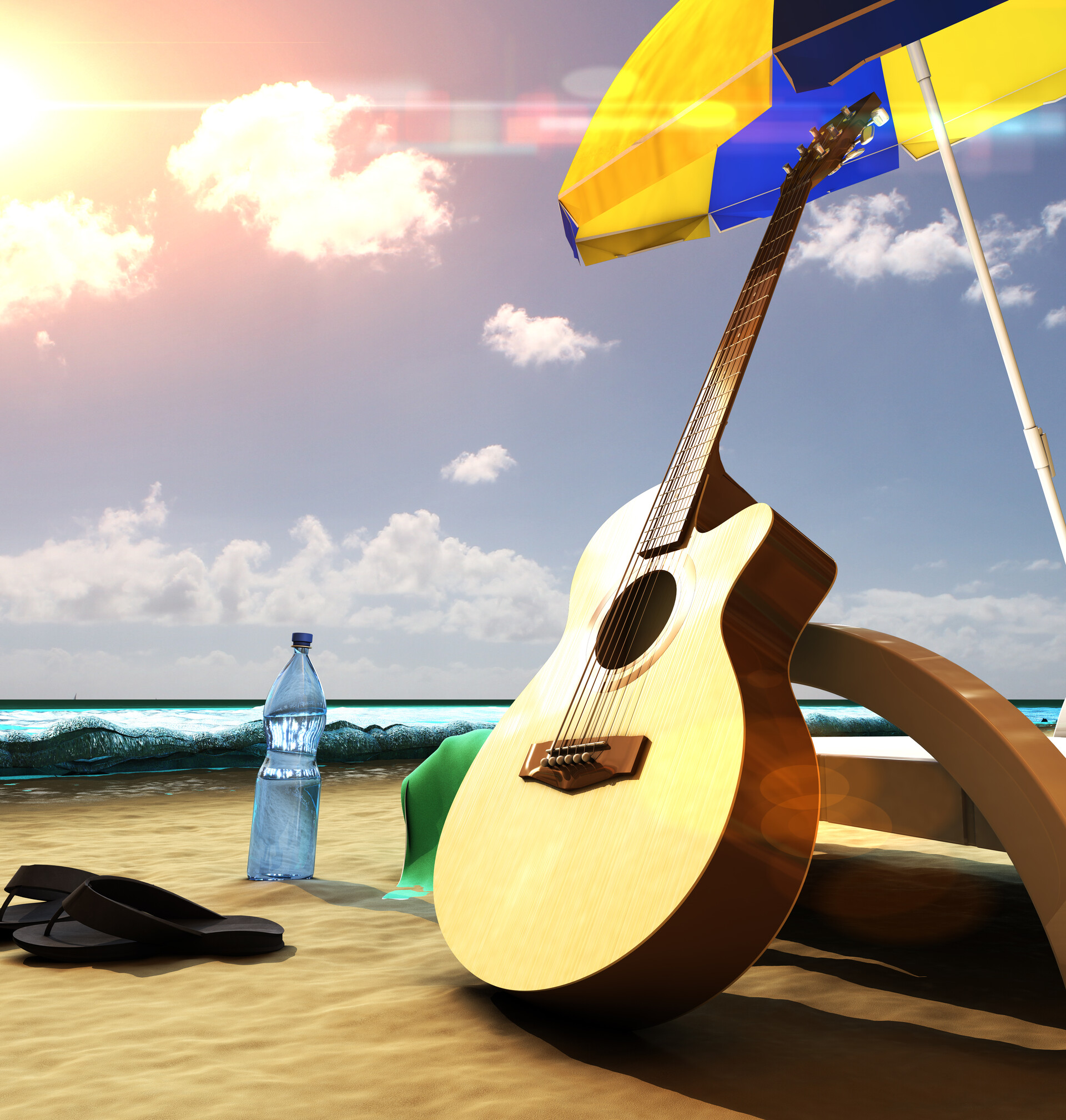 ArtStation - Acoustic guitar near the deck chair under umbrella on the ...