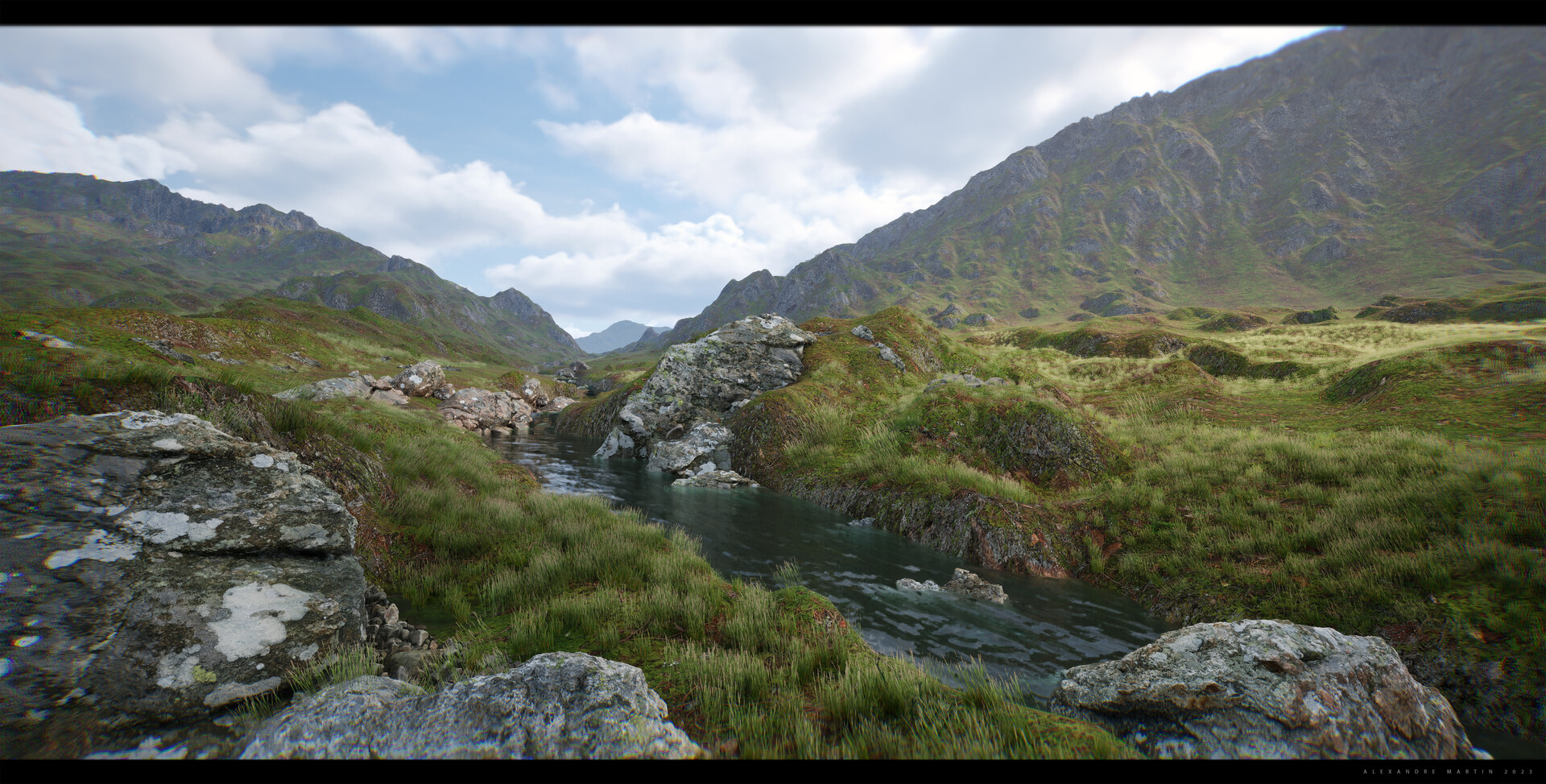 ArtStation - Mountain environment and stream in the valley