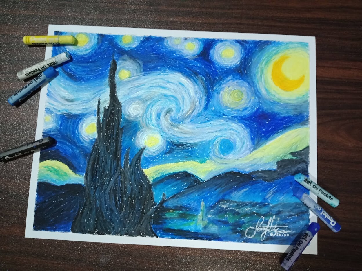 how to draw starry night with oil pastels