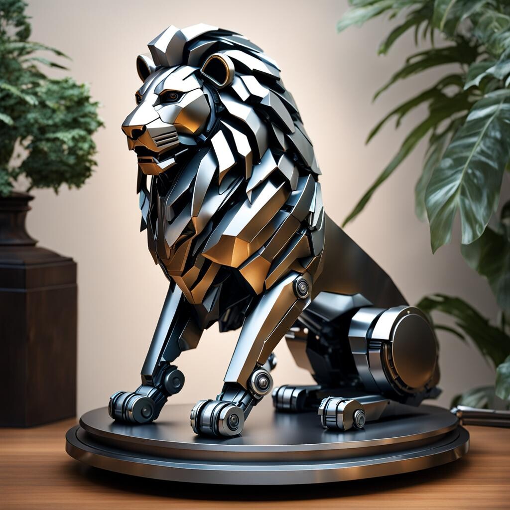 ArtStation - metal lion sculpture sitting on top of a table