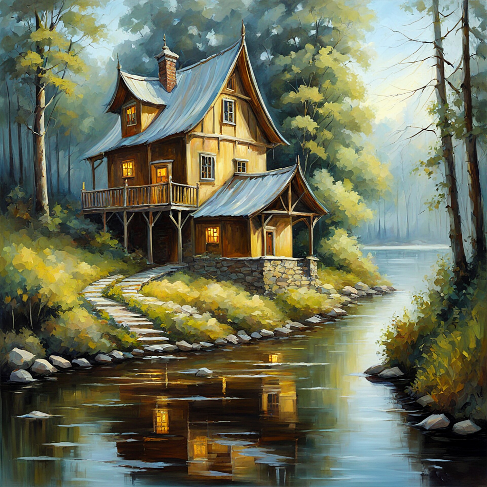 ArtStation - A beautiful house on the bank of a forest river!