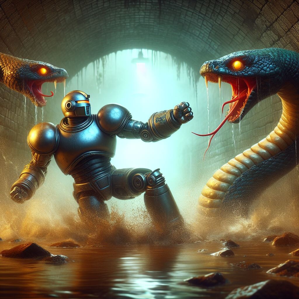 ArtStation - Robo Fights Twin-Snake in Sewers