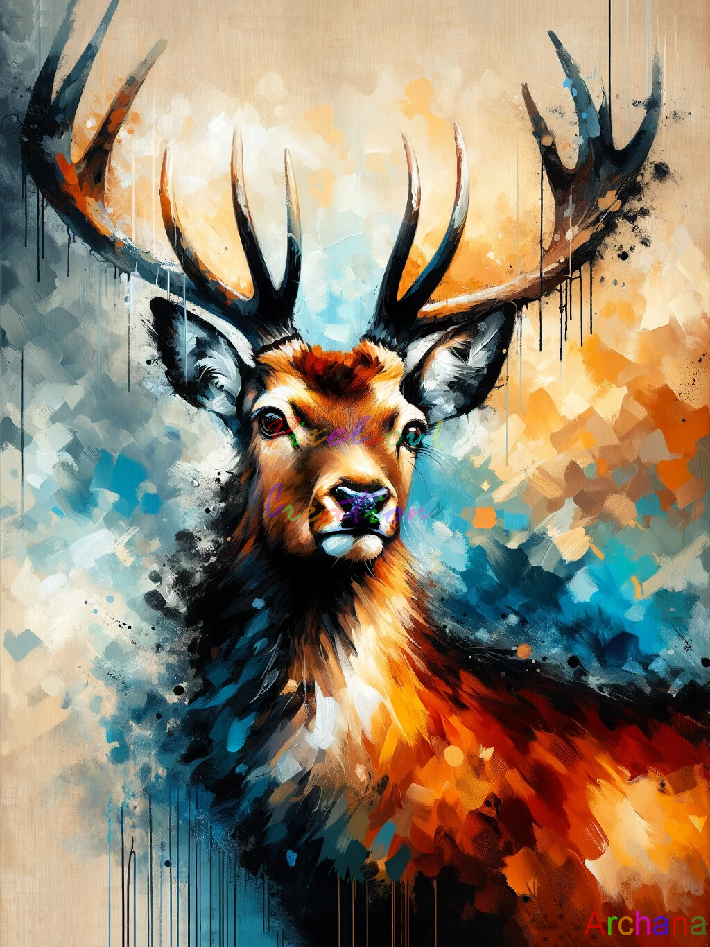 Archana - Stoic Majesty: A Golden Deer Amidst the Energetic Chaos of Color