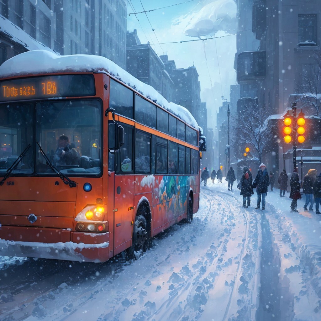 ArtStation - Tourist bus on a snowy street.