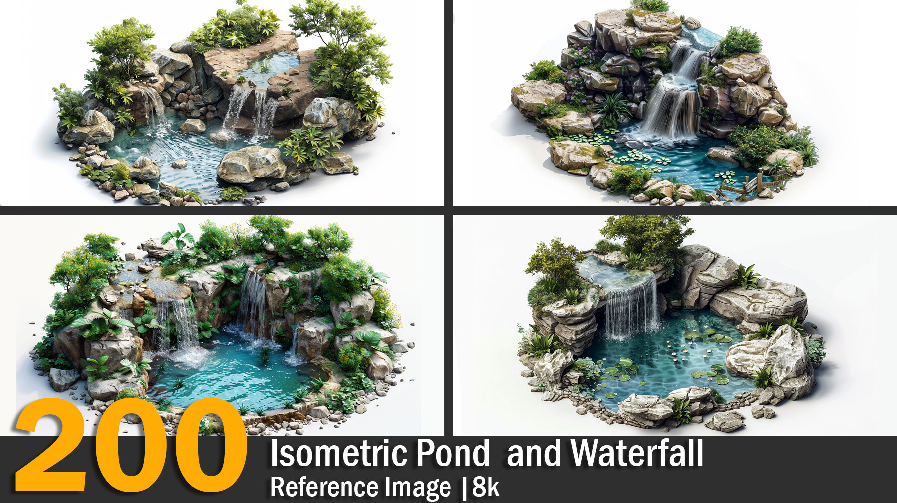 Lumière - Isometric Pond and Waterfall | Reference Images | 8k
