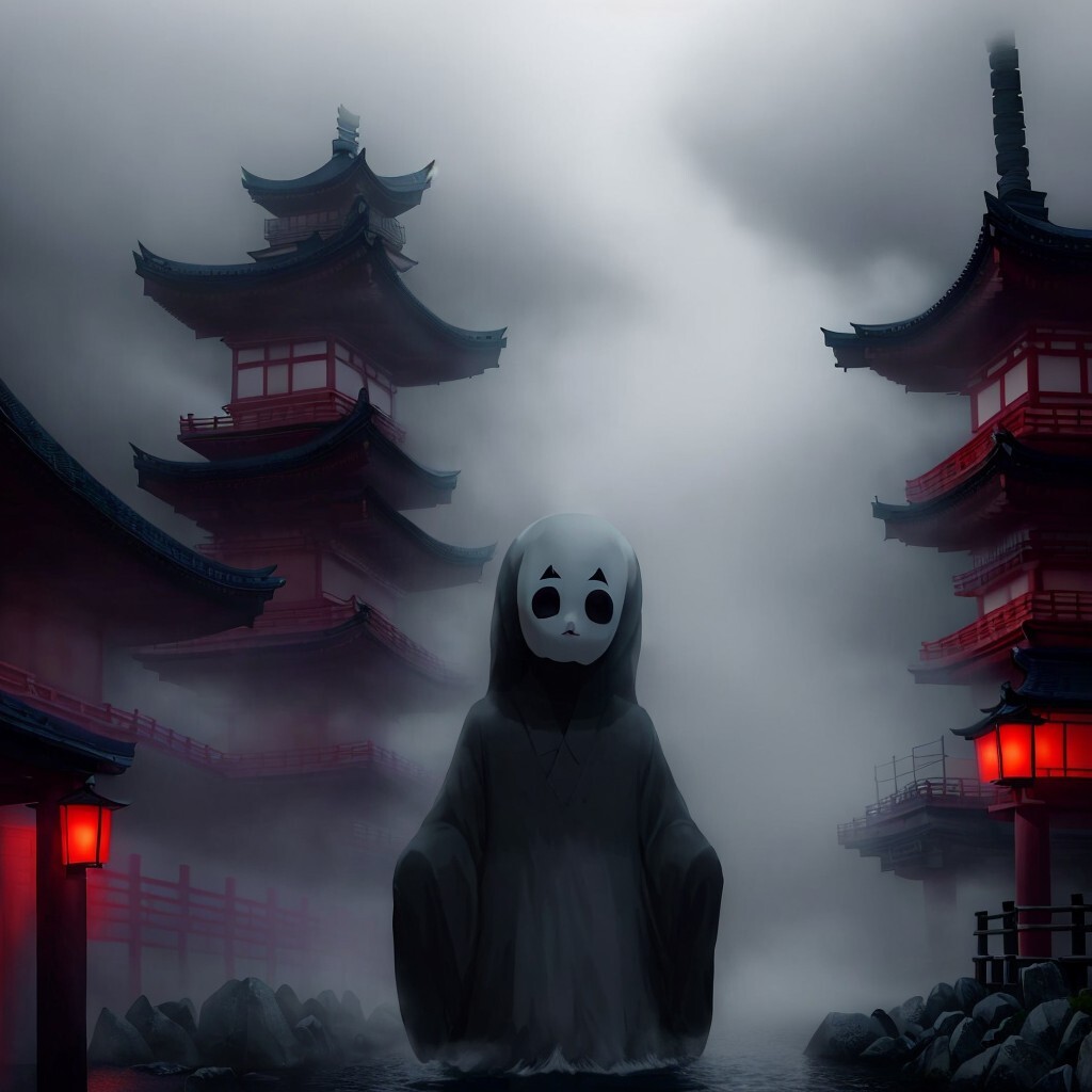 ArtStation - Halloween faceless ghost in a foggy Japanese temple. Kaonashi