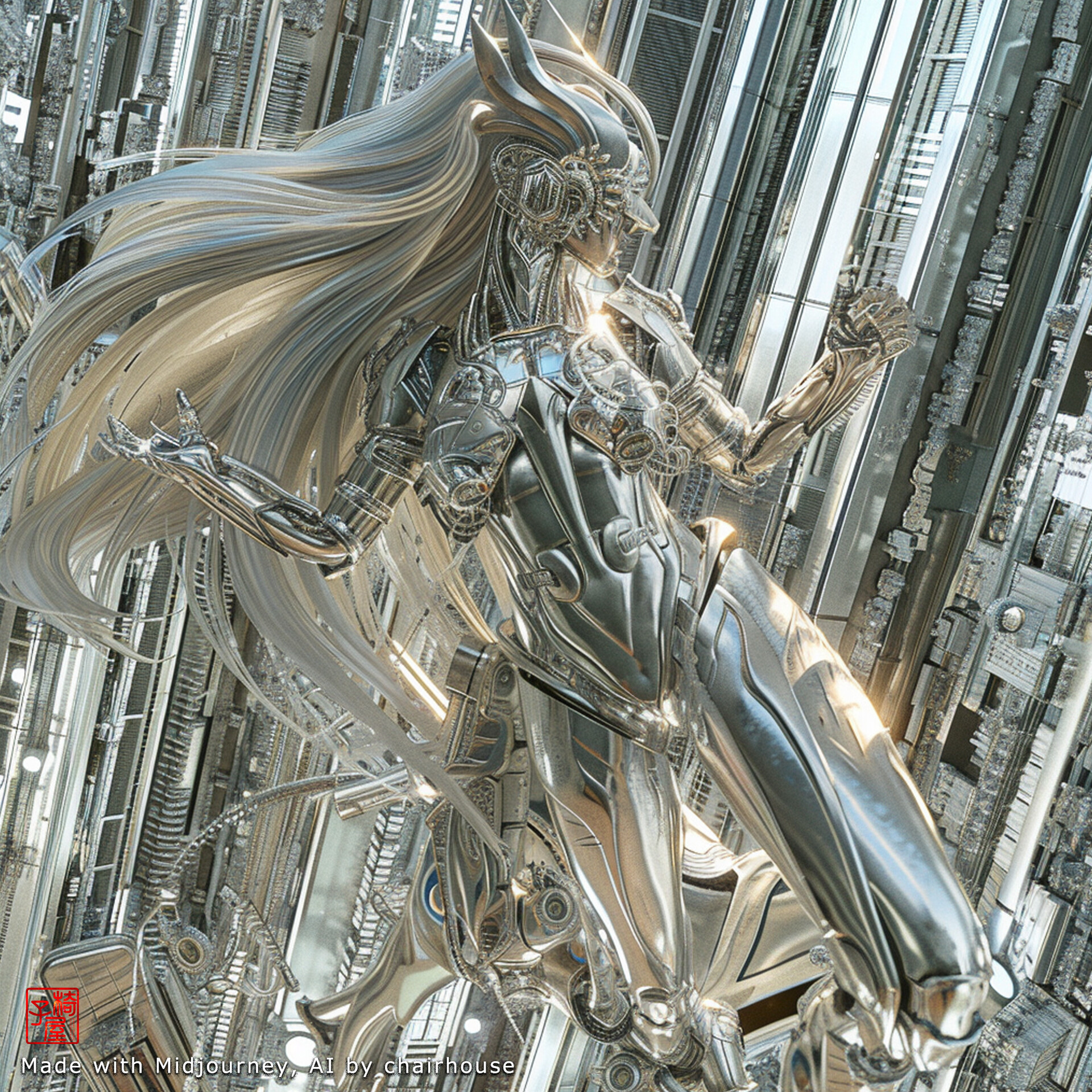 ArtStation - mechanical silver goddess10 in silver machine city 240303 by Midjourney