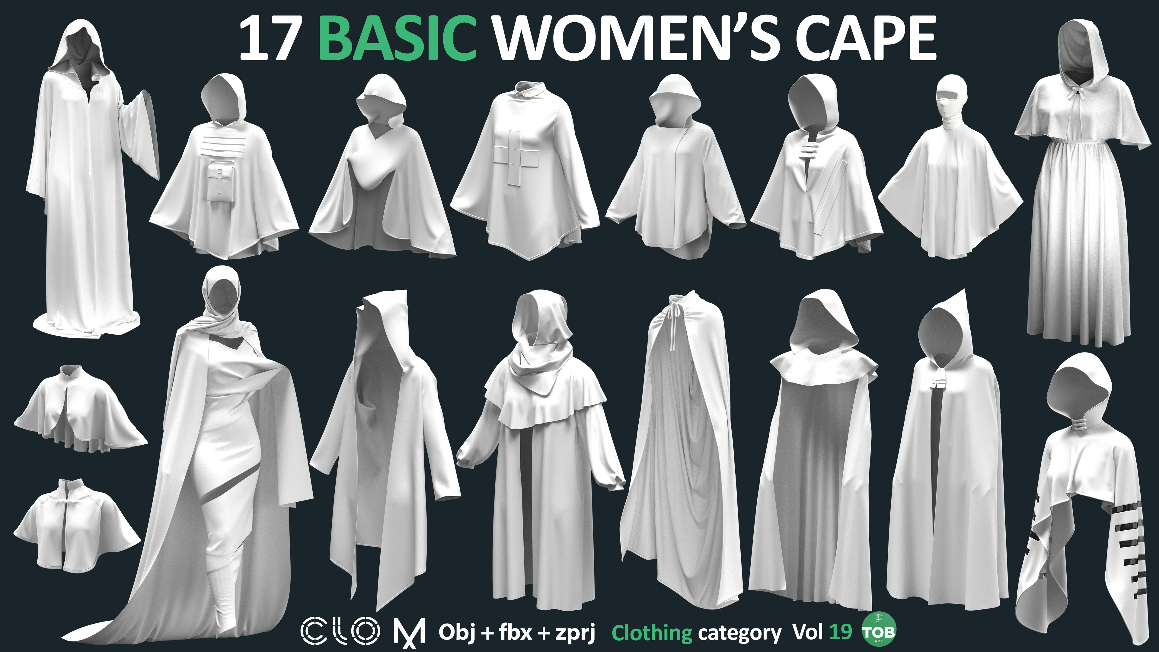 TOBart - 17 BASIC WOMEN'S CAPES / ZPRJ + OBJ + FBX / Marvelous + Clo3d