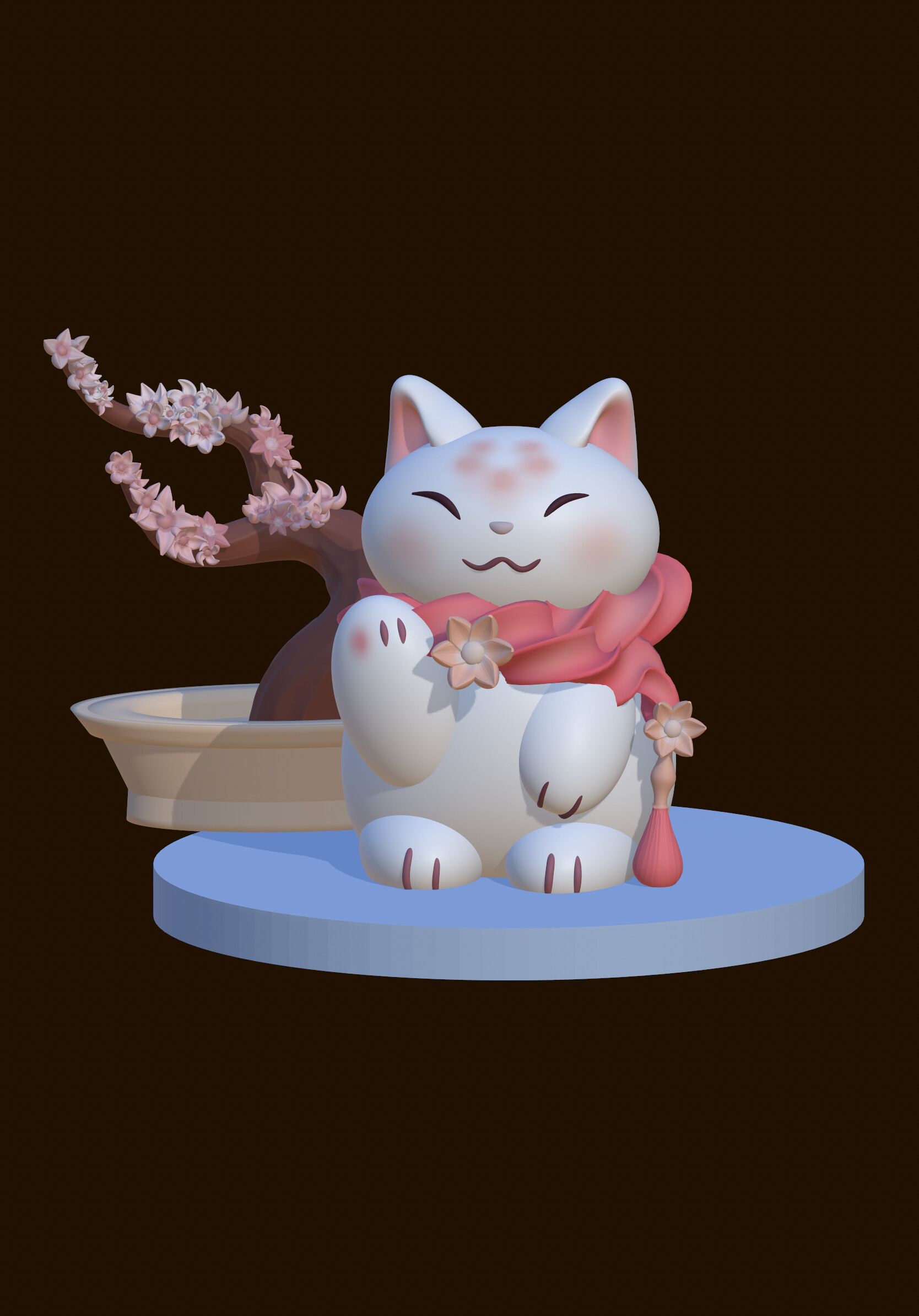 ArtStation - 3D cute kitty with pink bonsai