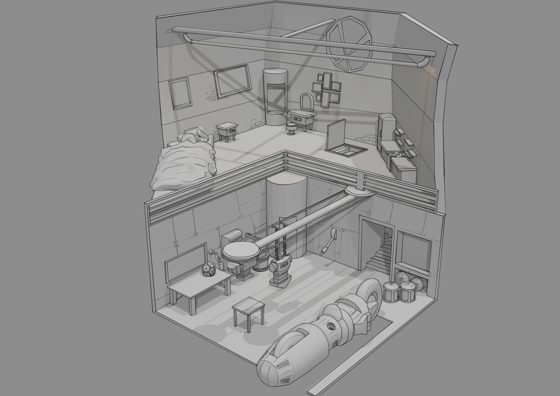 ArtStation - Steampunk Hideout Project: Line Art and 3D Blockout