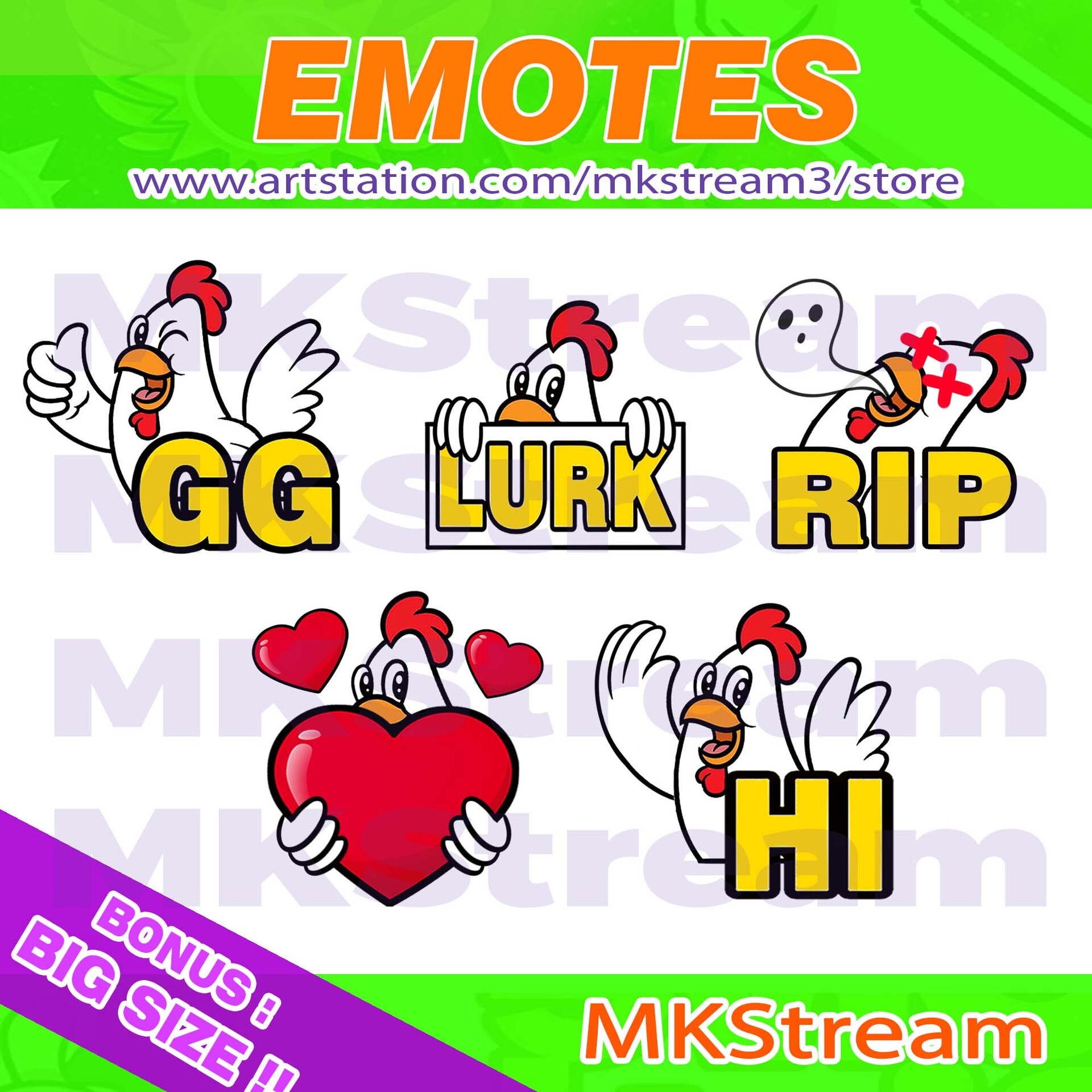 ArtStation - Twitch emotes chicken rooster hi, gg, rip, lurk & love pack