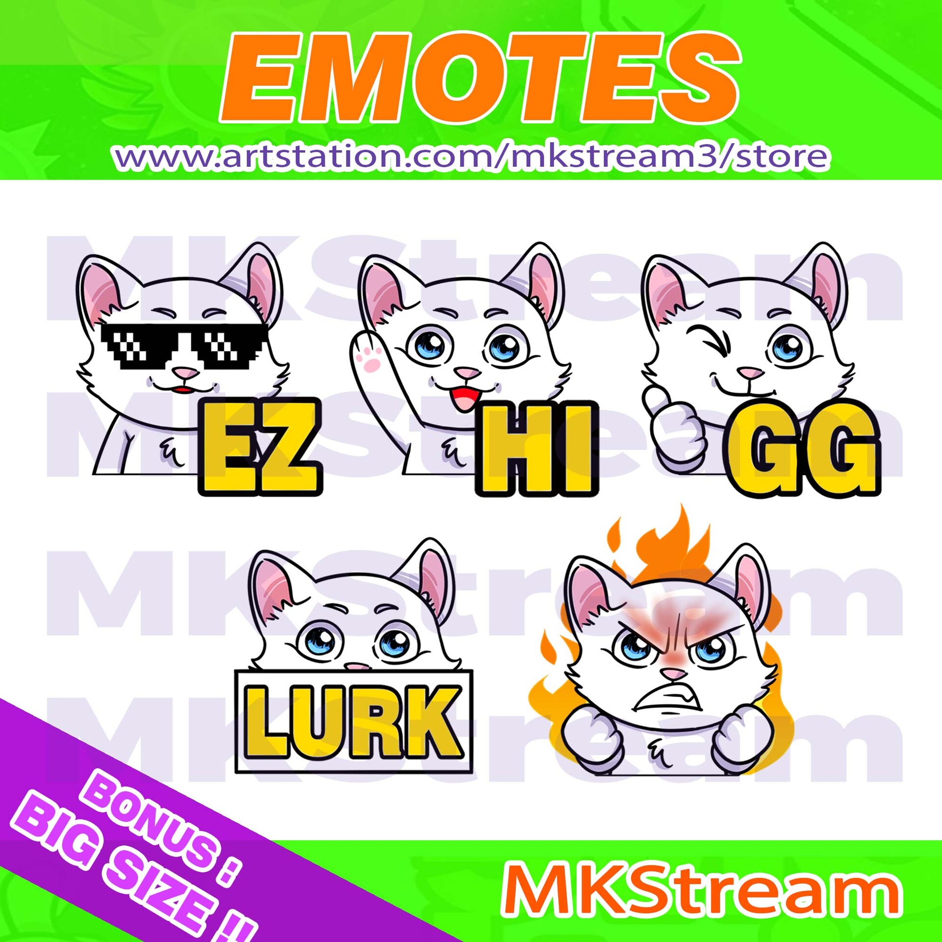 ArtStation - Twitch emotes cute cat lurk, hi, gg, ez & rage pack