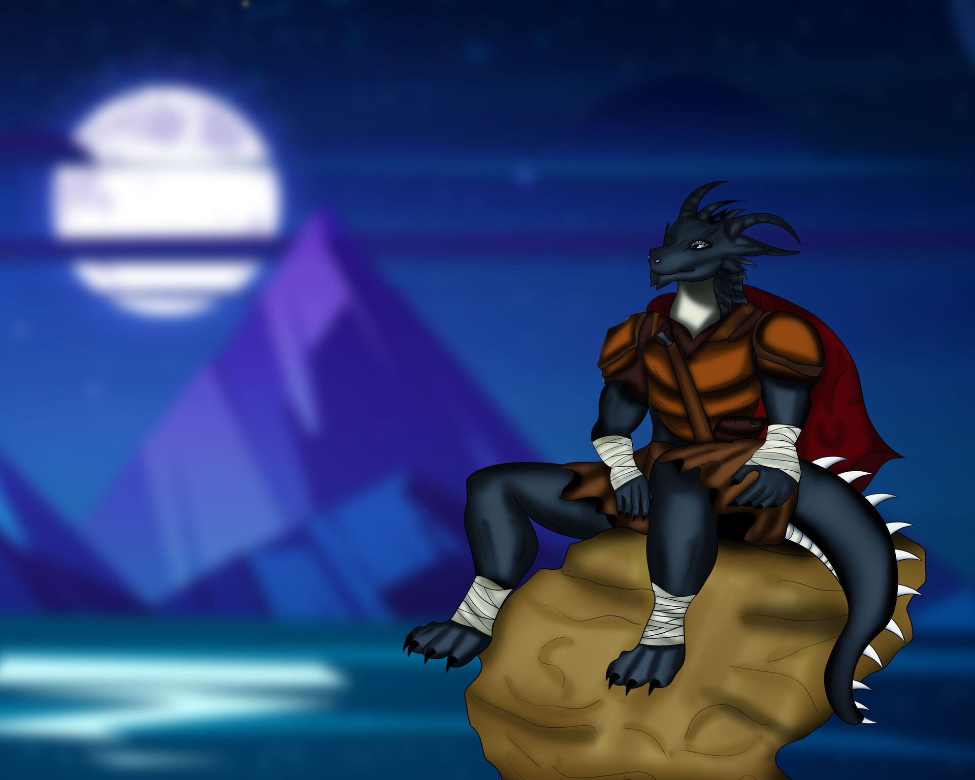 ArtStation - A Dragon sitting on the rock watching moon