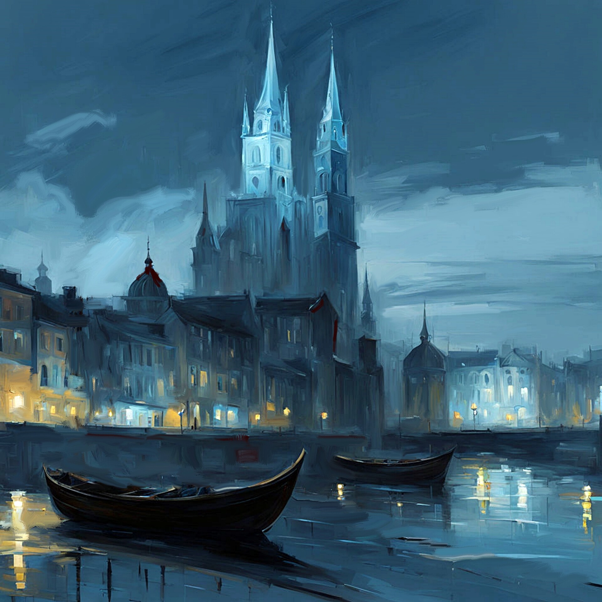 ArtStation - embankment in the city on the bay on a moonlit night.